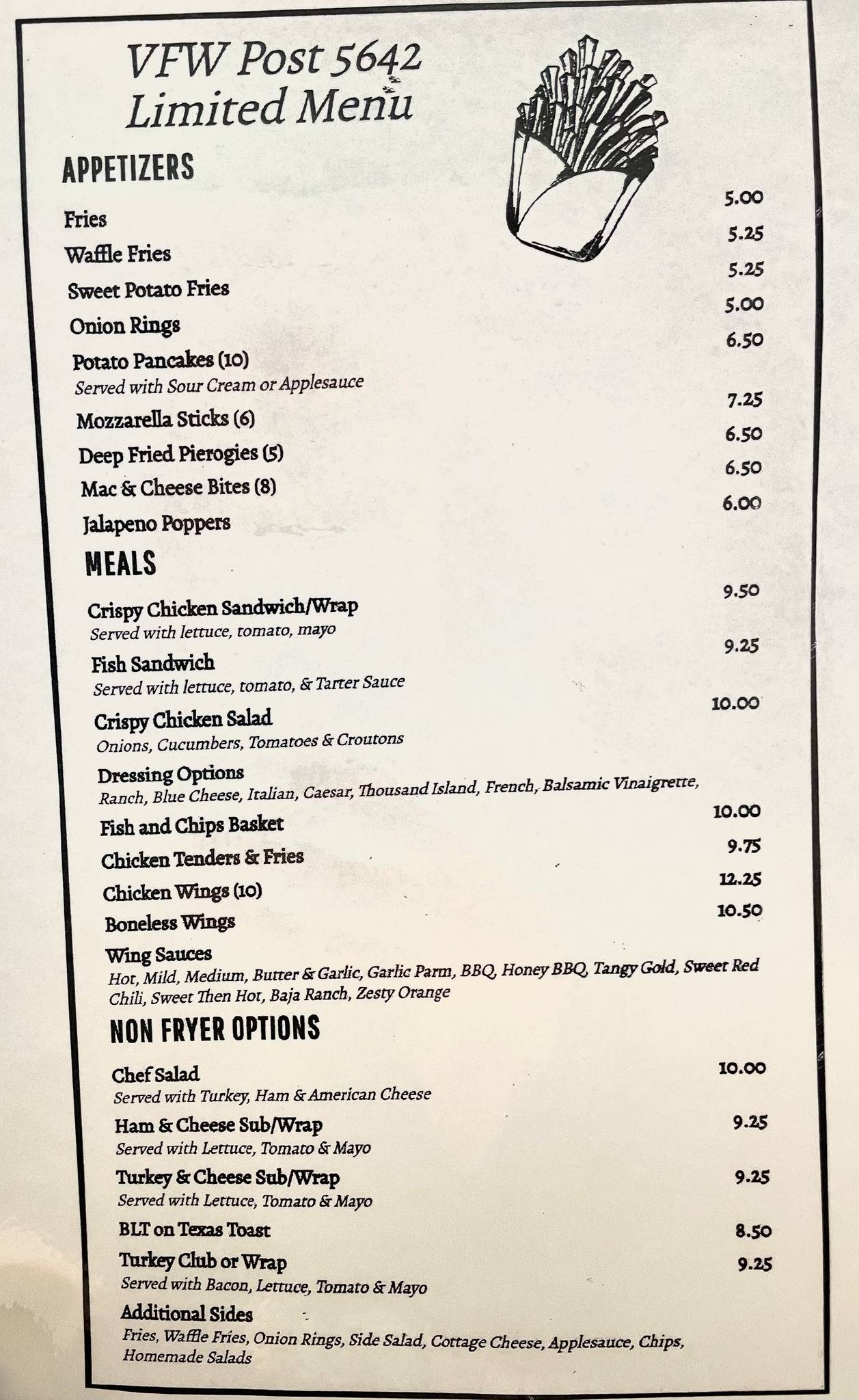 Menu at VFW Post 5642 restaurant, Montrose