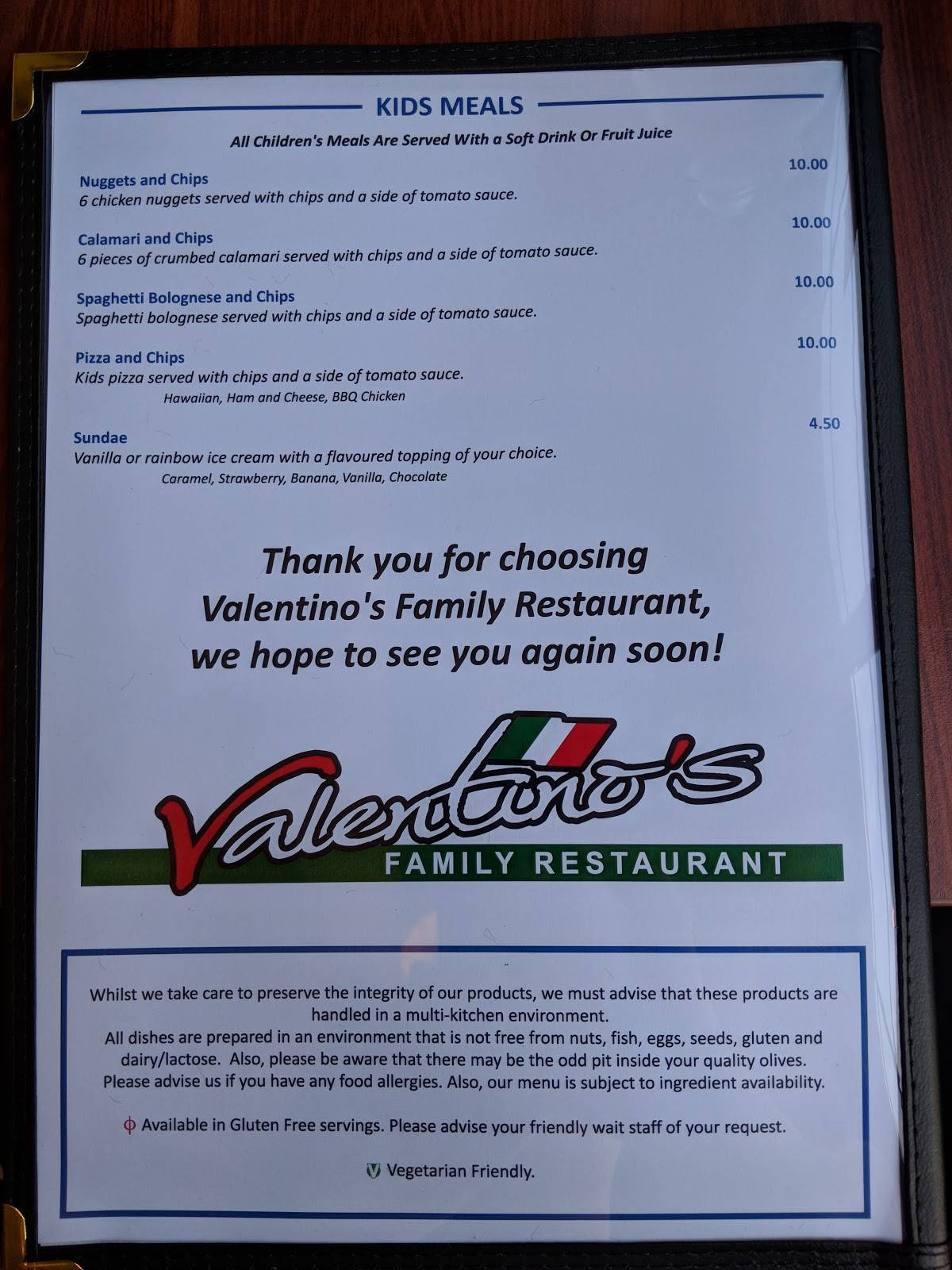 Menu at Valentino's Family Restaurant, Devonport