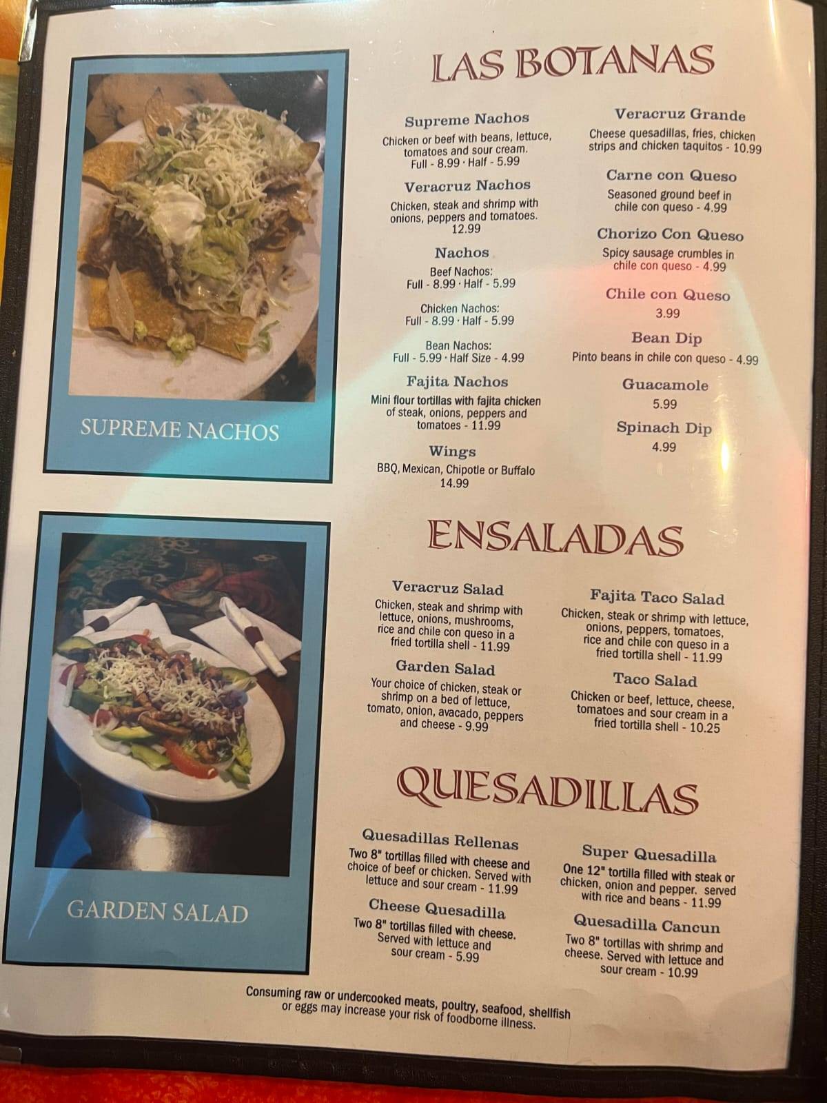 Menu at Veracruz Mexican Restaurant, Spencer