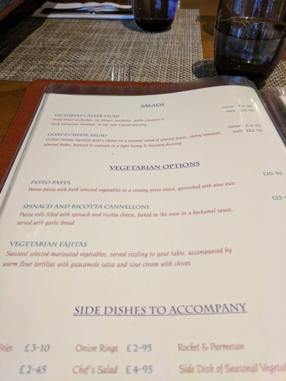 Menu at Victoria's Restaurant, Pitlochry