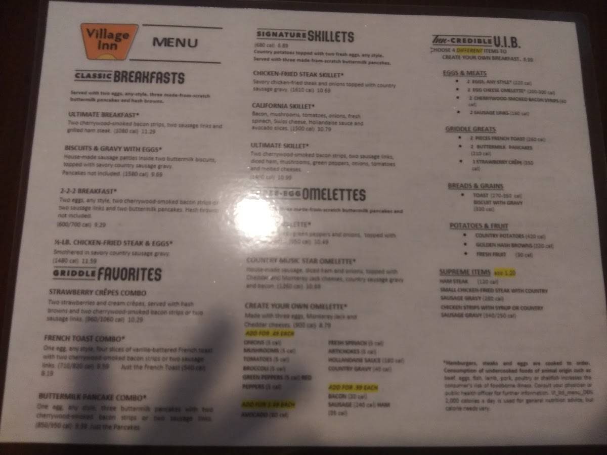 Menu at Village Inn restaurant, Titusville