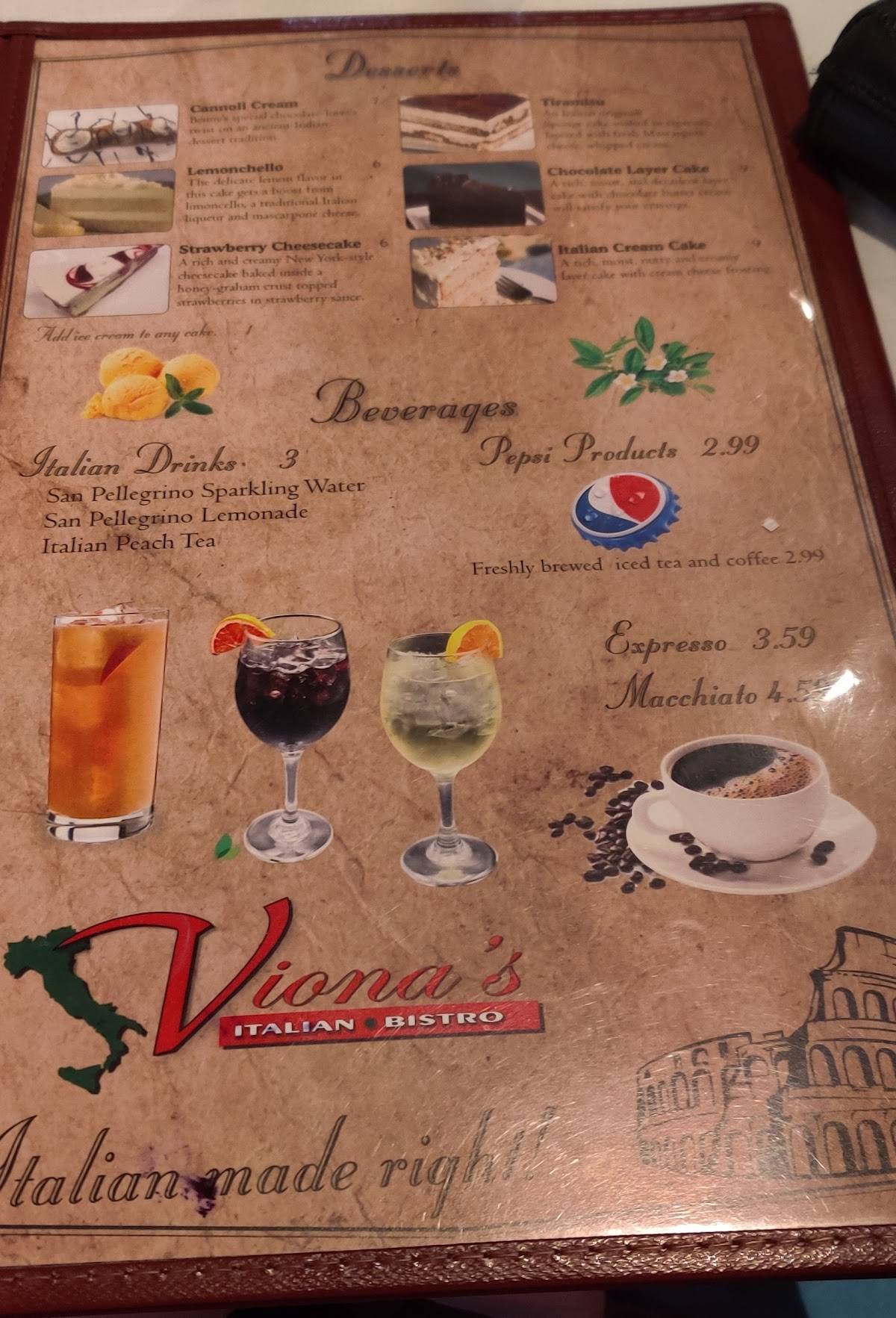Menu at Viona’s Italian Bistro restaurant, Overland Park