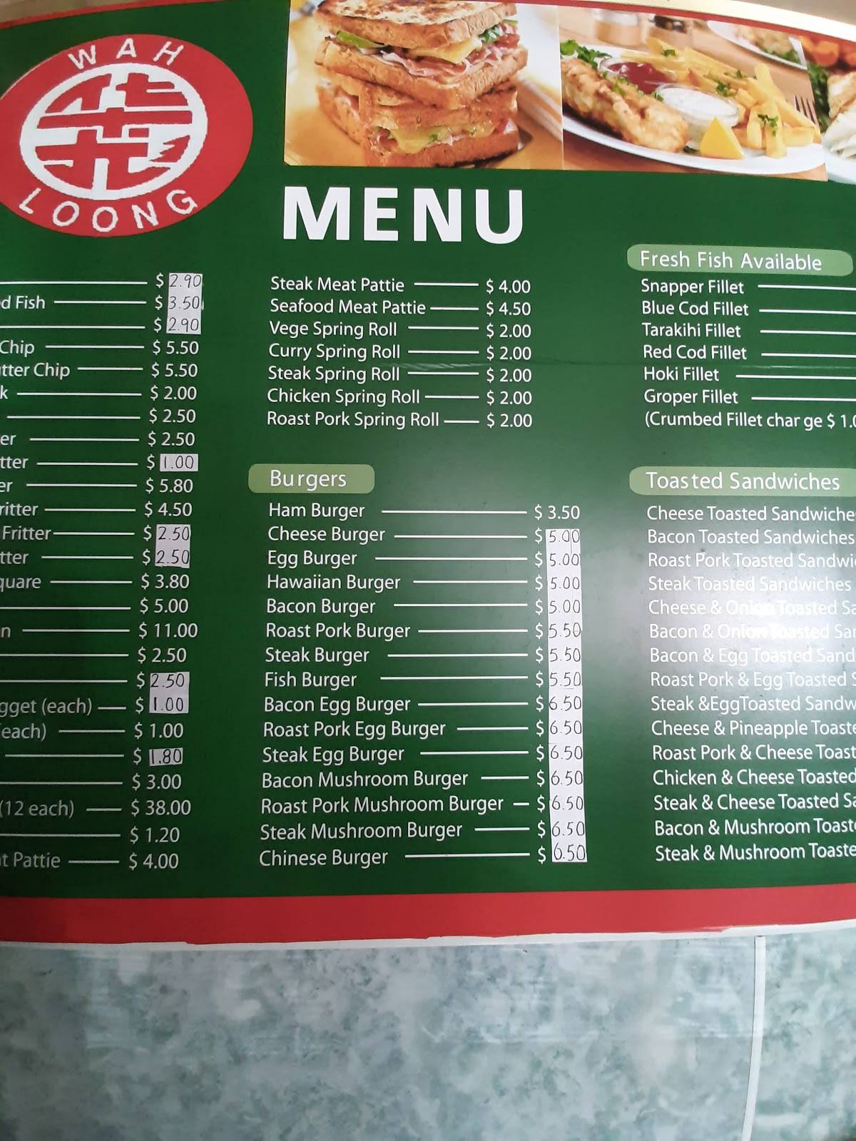 Menu at Wah Loong Restaurant, Wellington
