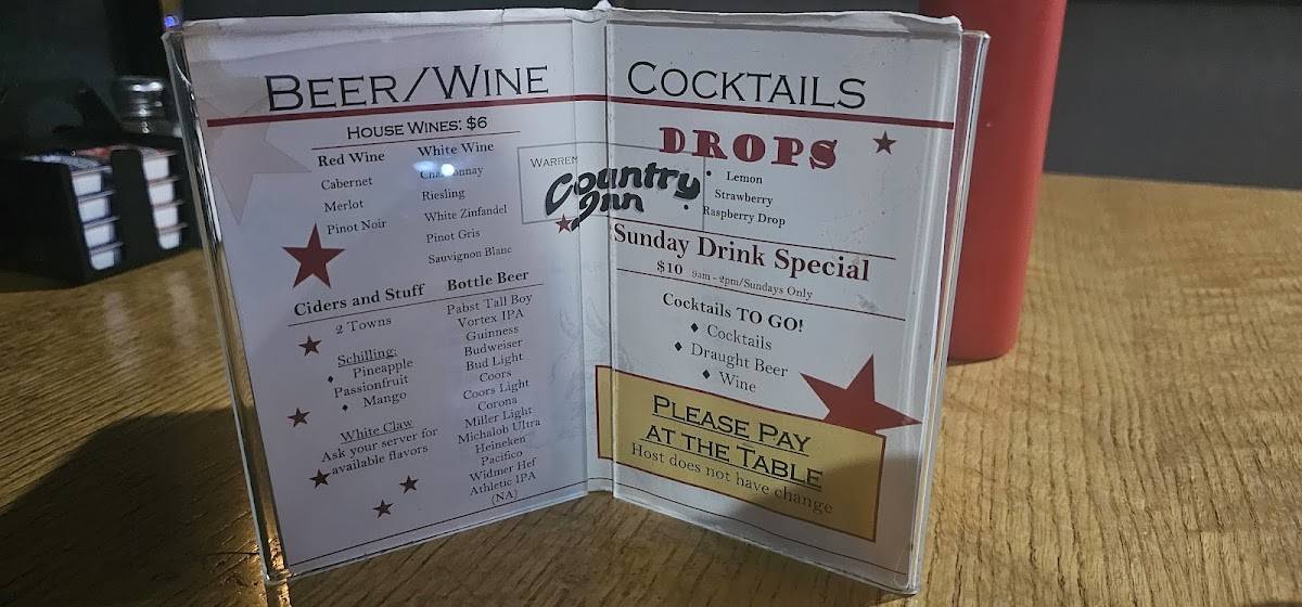 Menu at Warren Country Inn restaurant, Warren