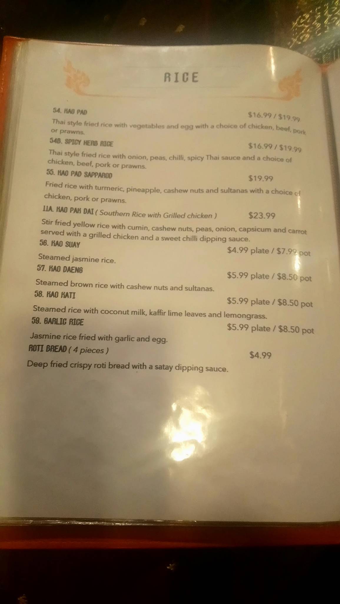 Menu at White Elephant Thai Restaurant, Bunbury