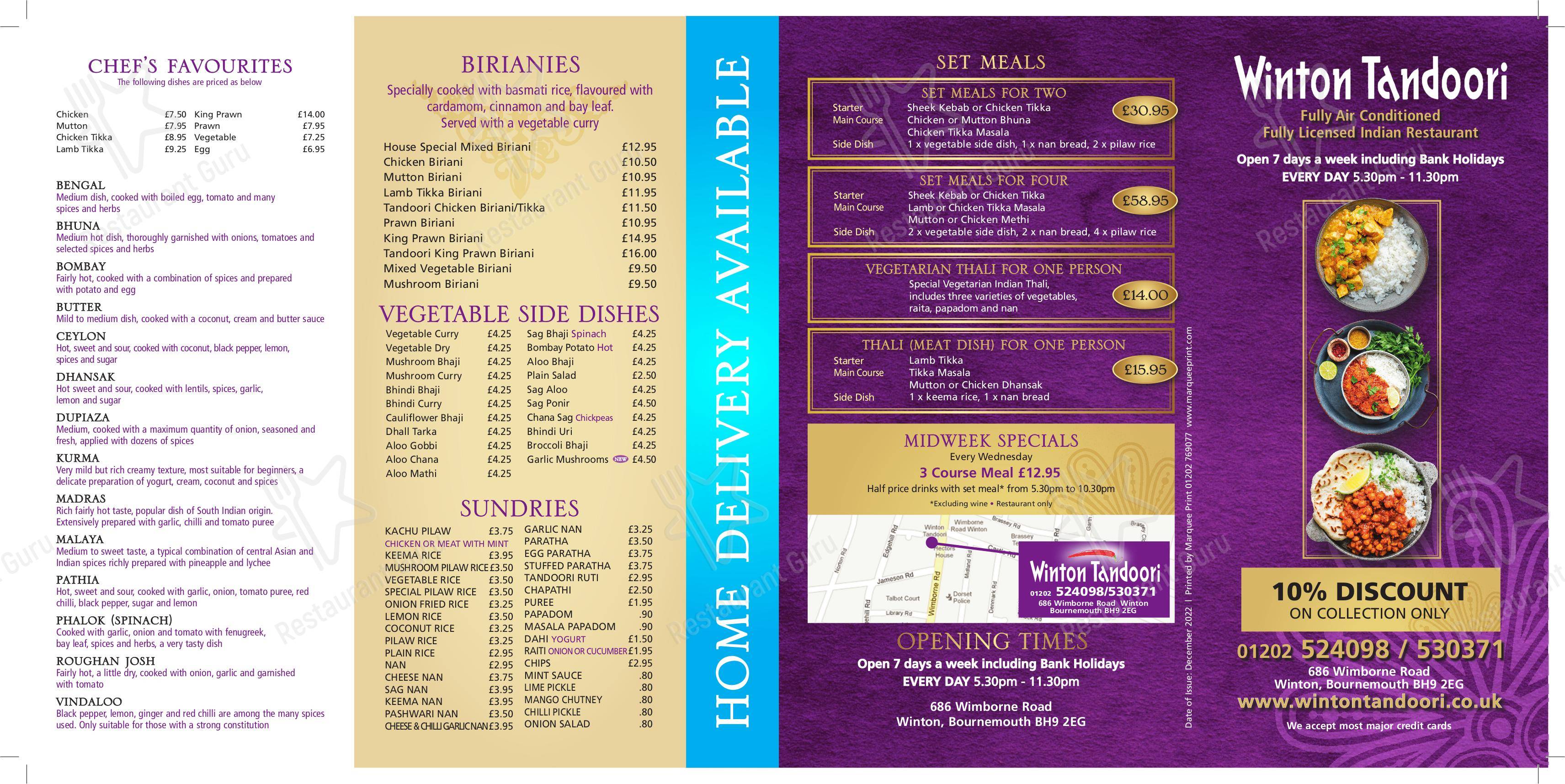 Menu at Winton Tandoori restaurant, Bournemouth