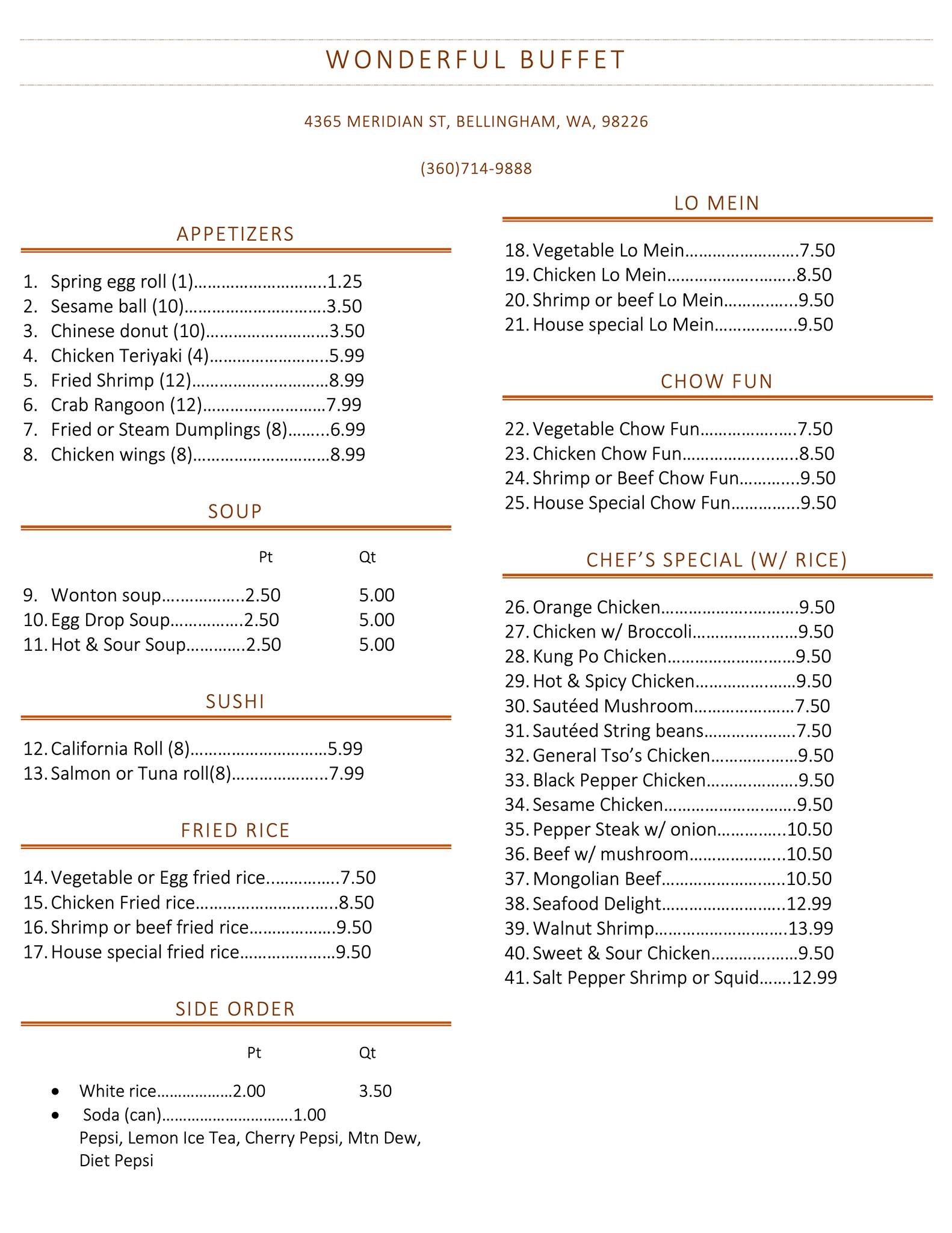 Menu at Wonderful Buffet restaurant, Bellingham