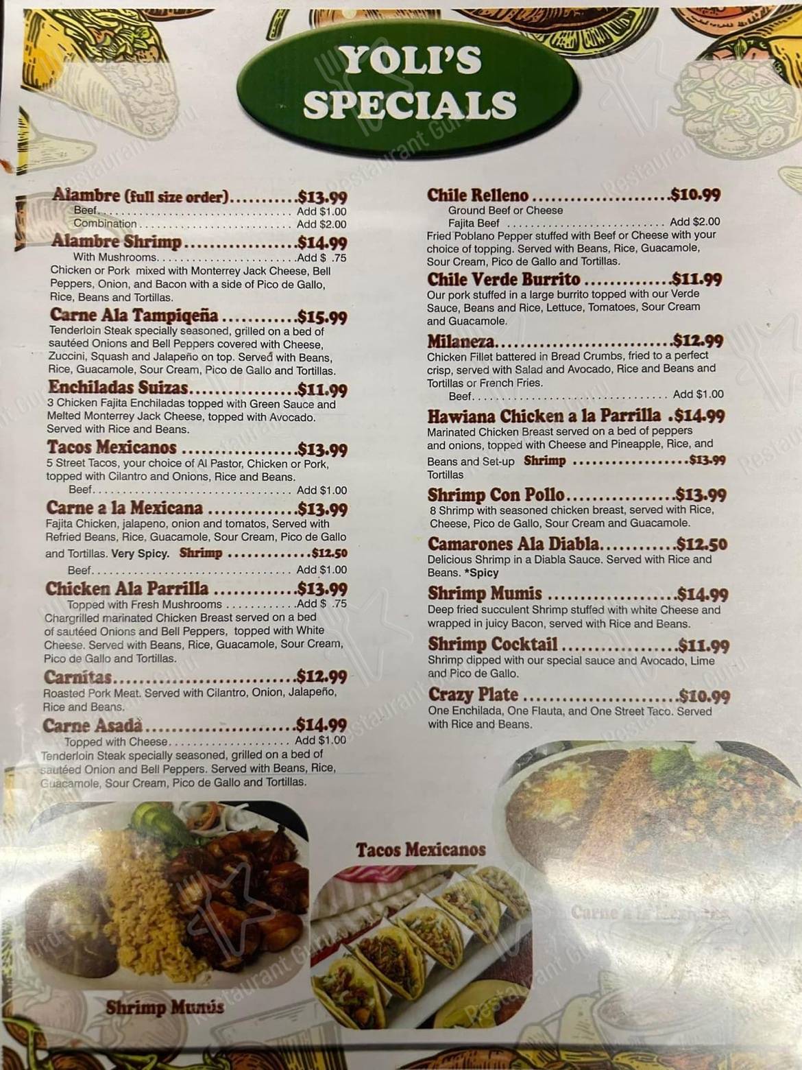 Menu at Yoli’s Mexican grill restaurant, De Kalb