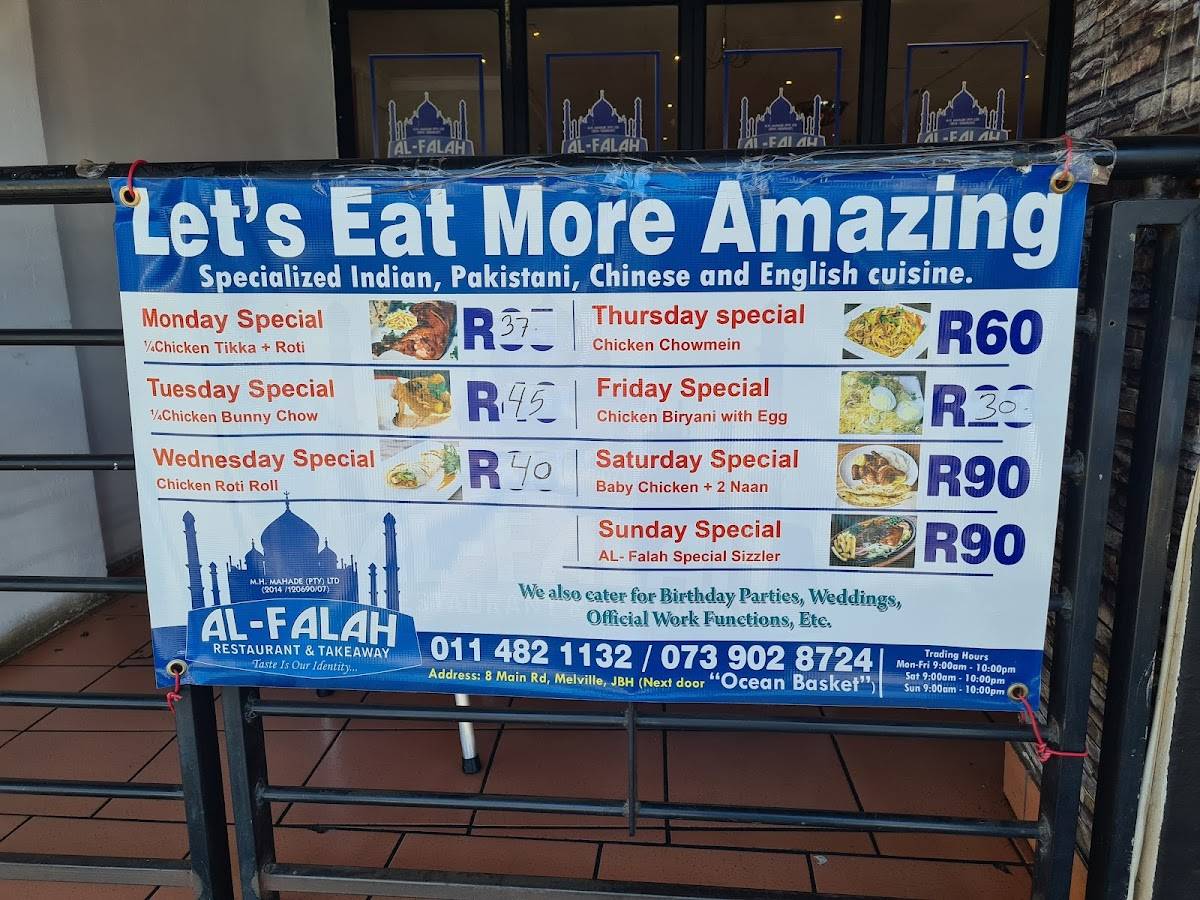 Menu at al-falah restaurant & takeway, Johannesburg, 8 Main Rd