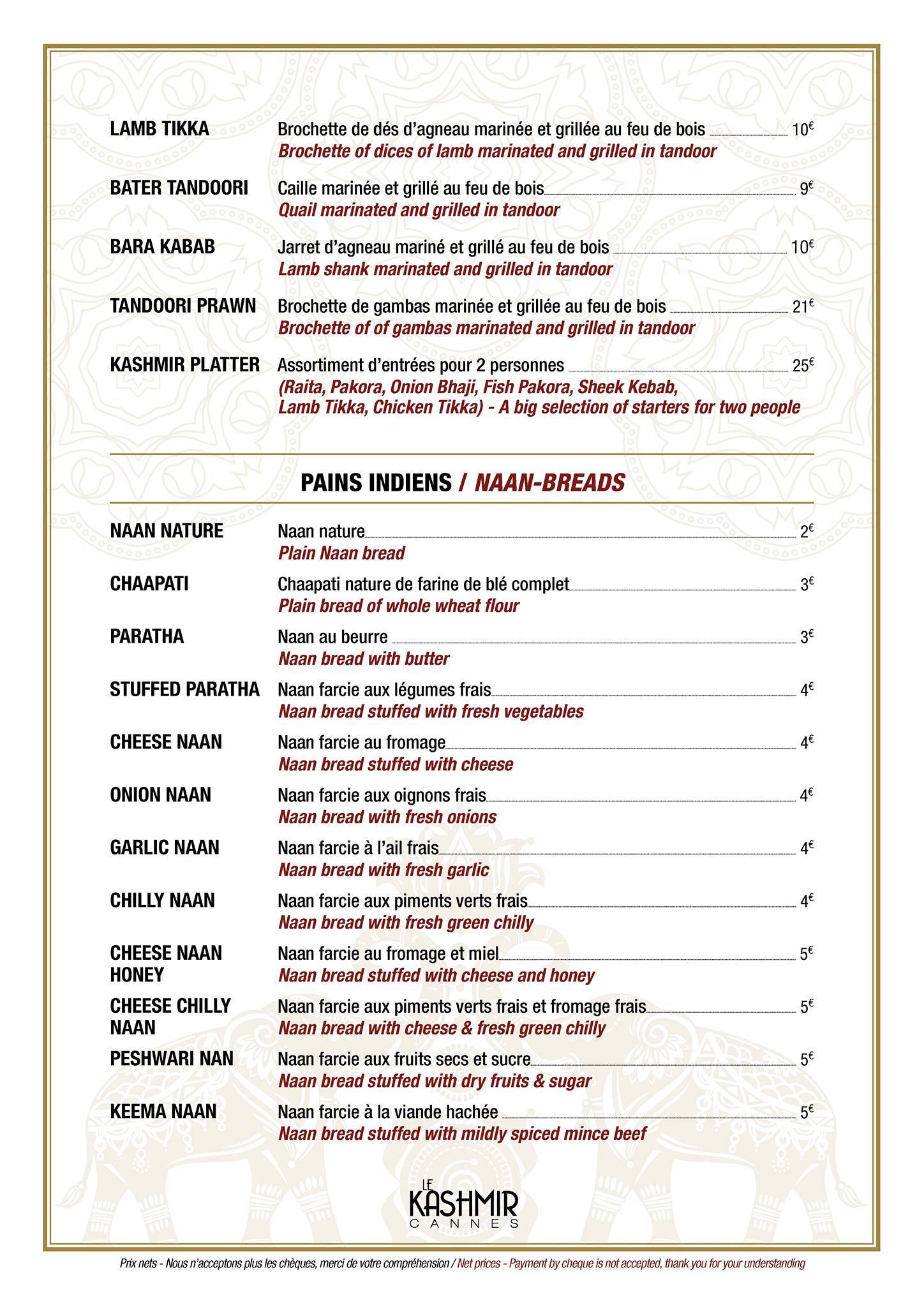 Menu au Restaurant indien le Kashmir, Cannes