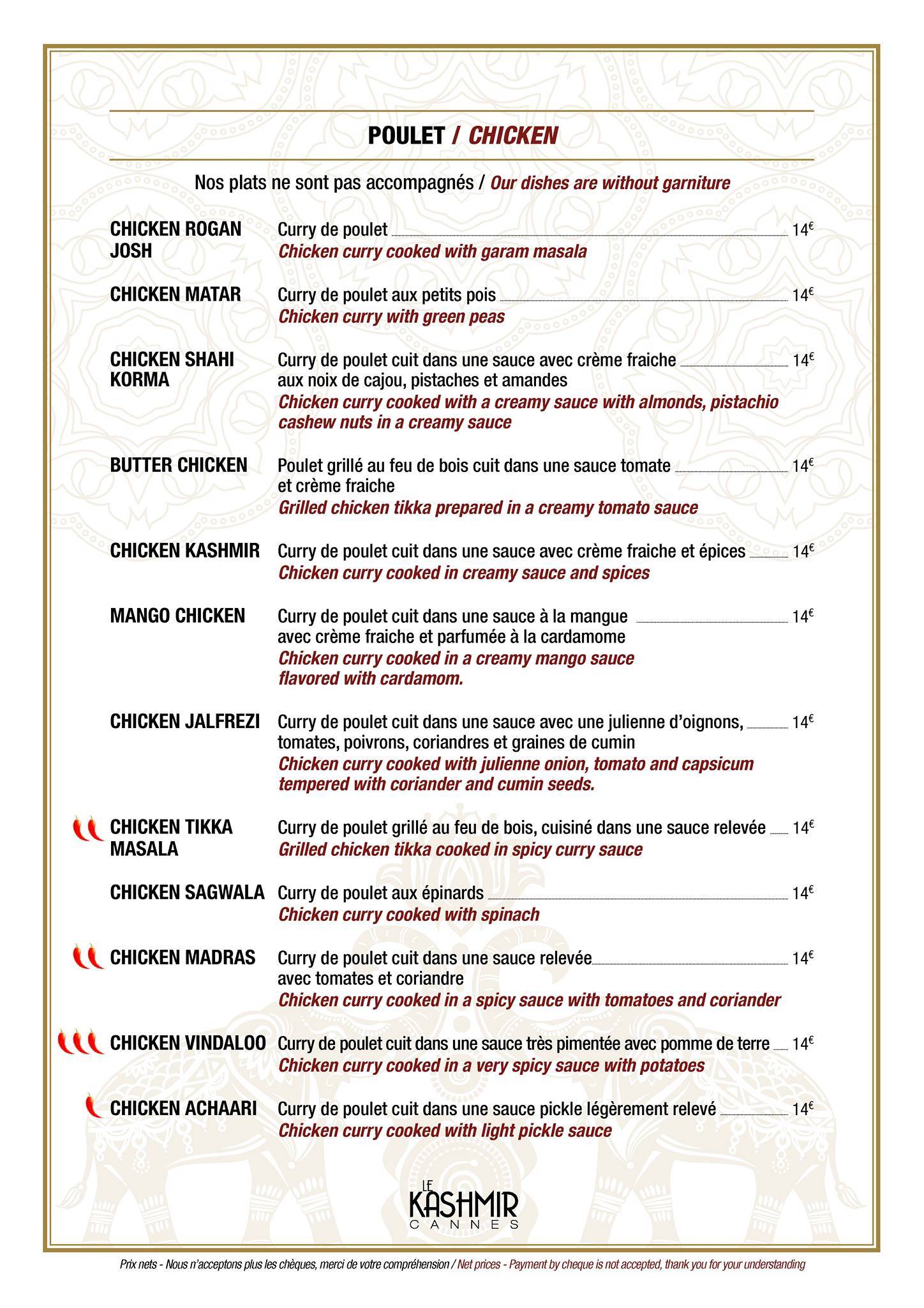 Menu au Restaurant indien le Kashmir, Cannes
