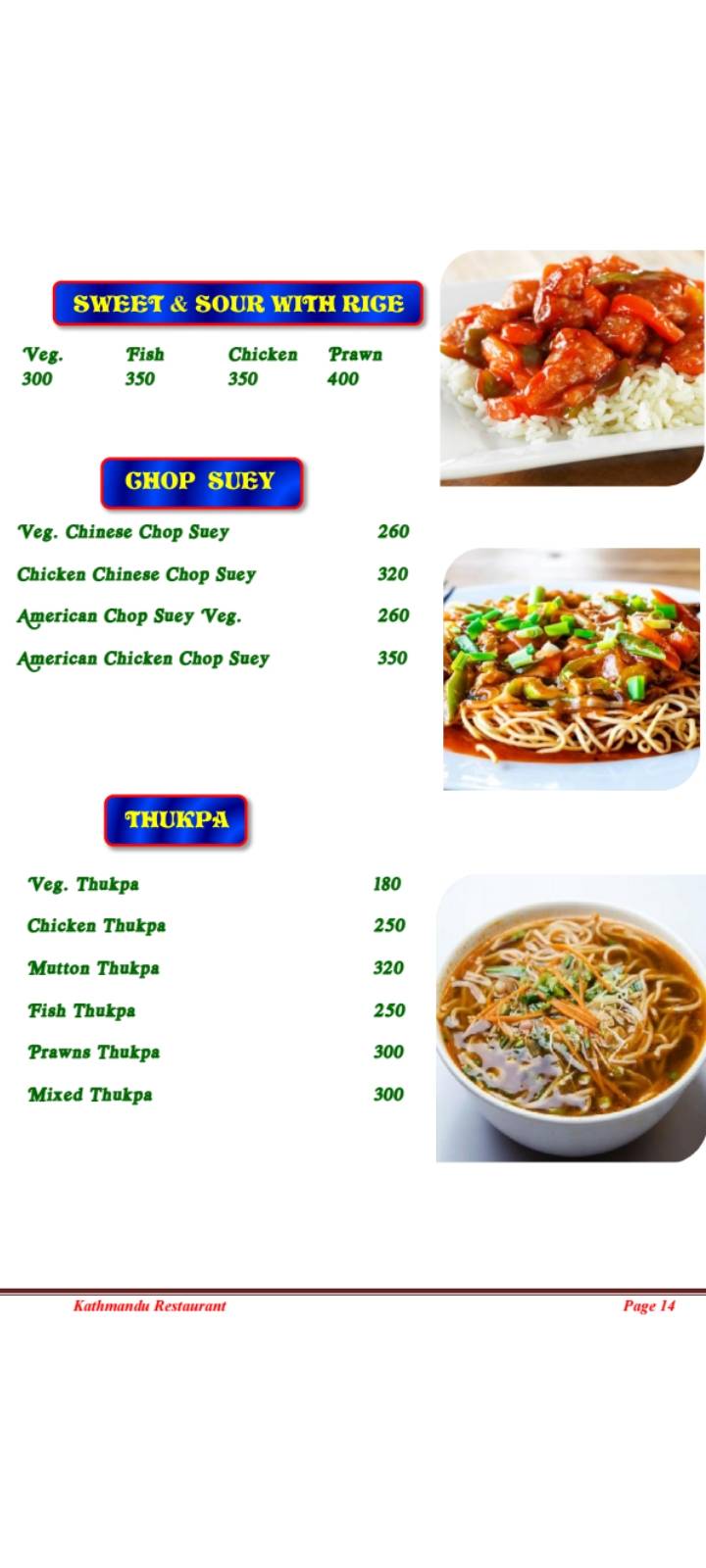 Menu at kathmandu restaurant, India