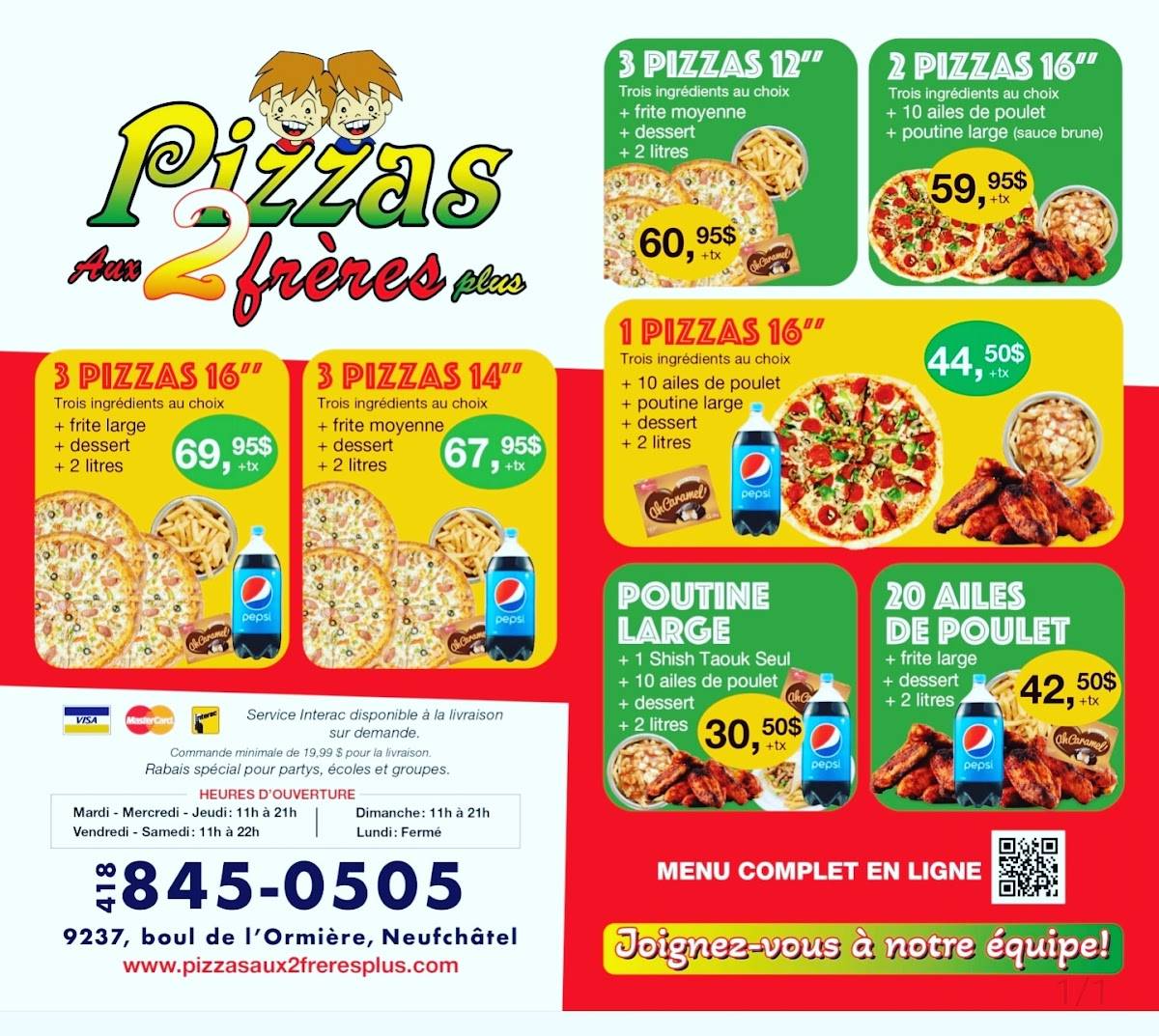 Menu au Toujours 2 pizzas restaurant, Québec, Bd de l'Ormière