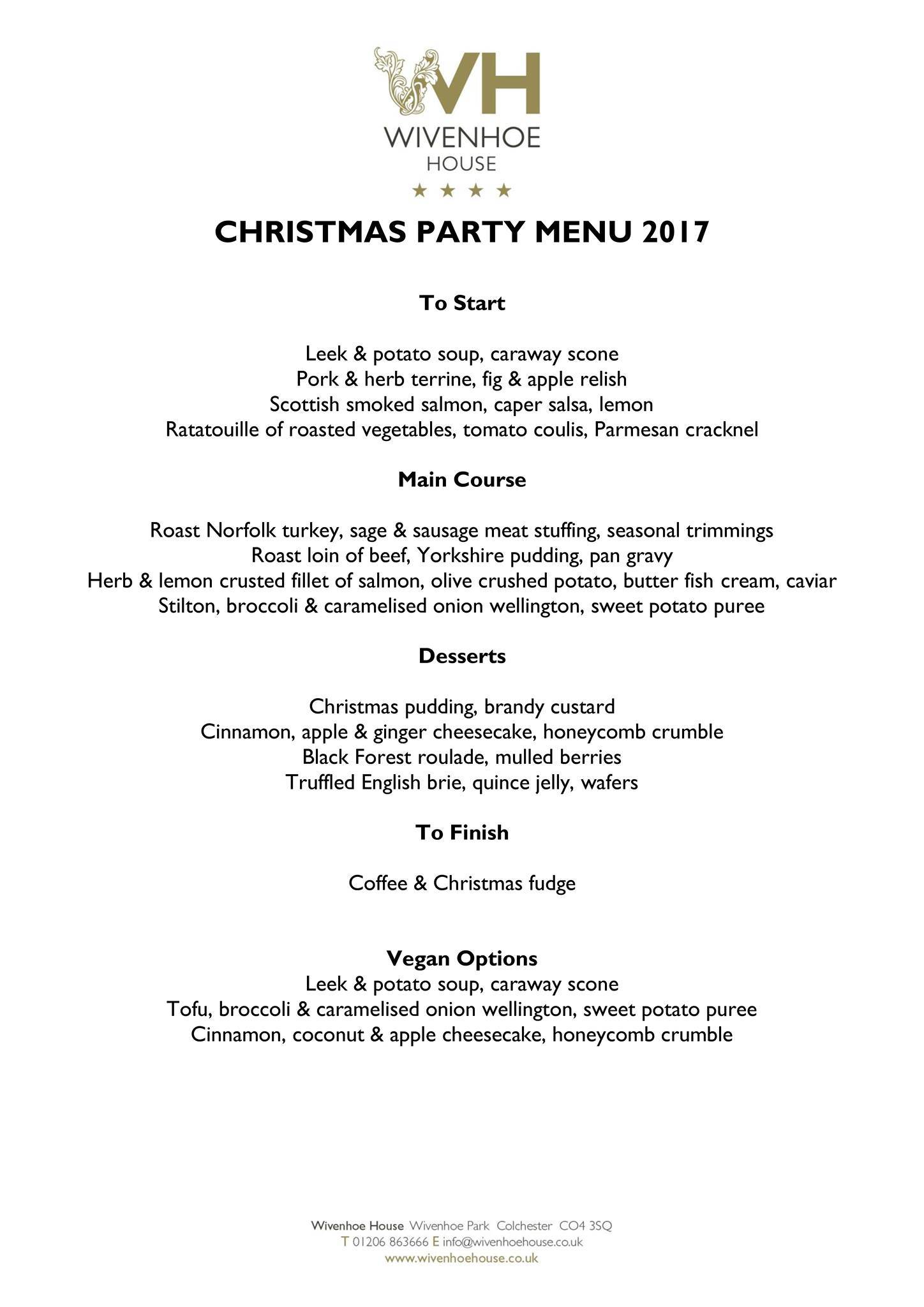 Menu at Wivenhoe House Hotel restaurant, Colchester