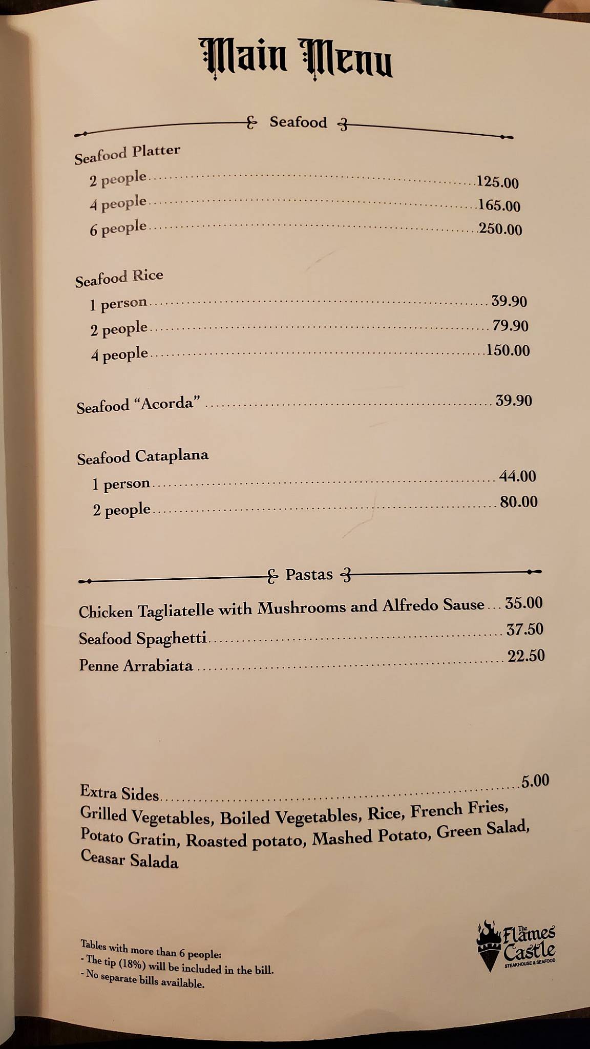Menu at the flames castle restaurant, Mississauga, Dundas St E