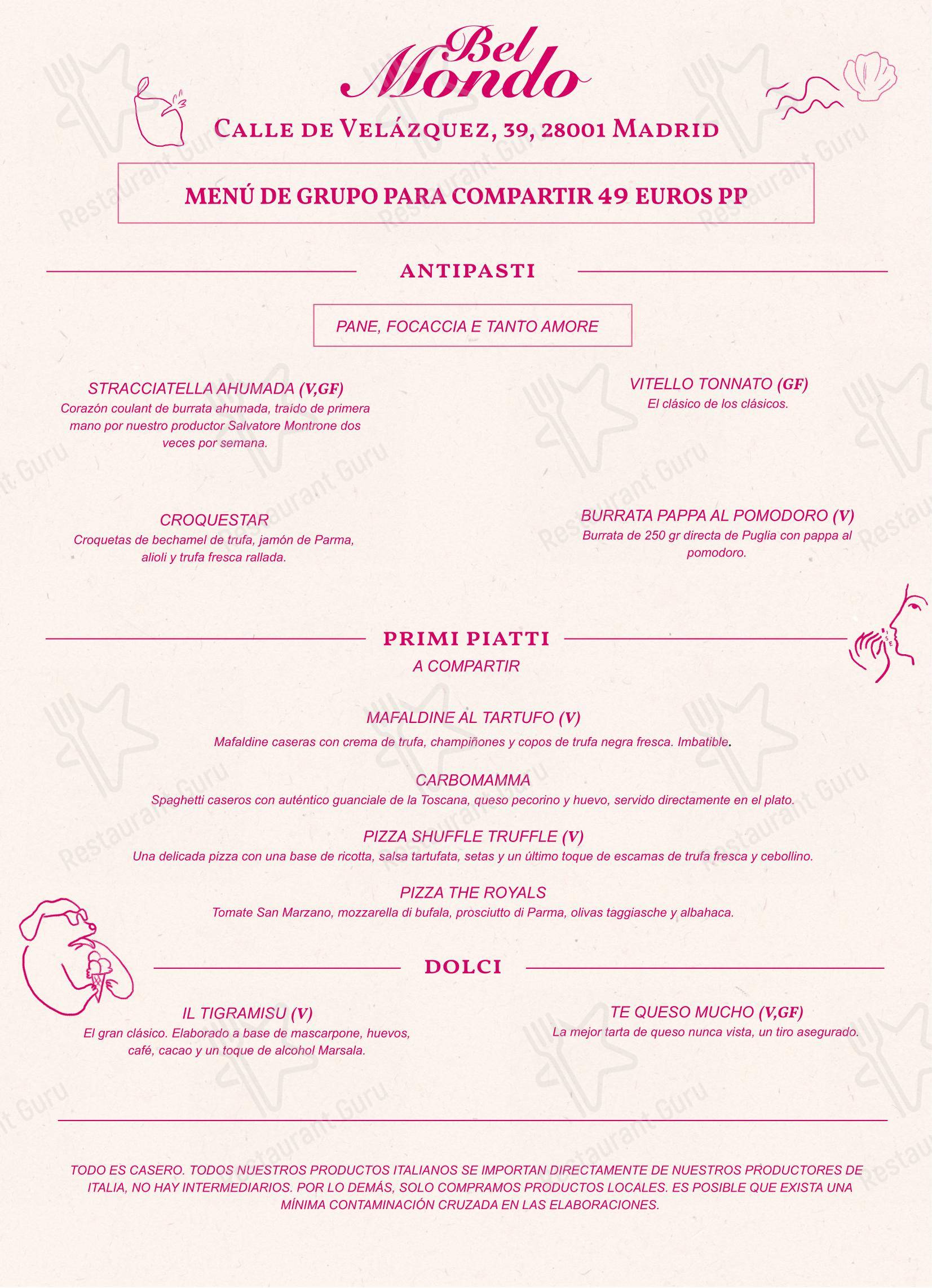 Carta de Restaurante Bel Mondo, Madrid