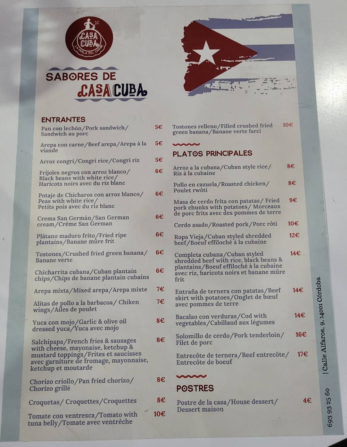 Carta de Restaurante Casa Cuba, Córdoba