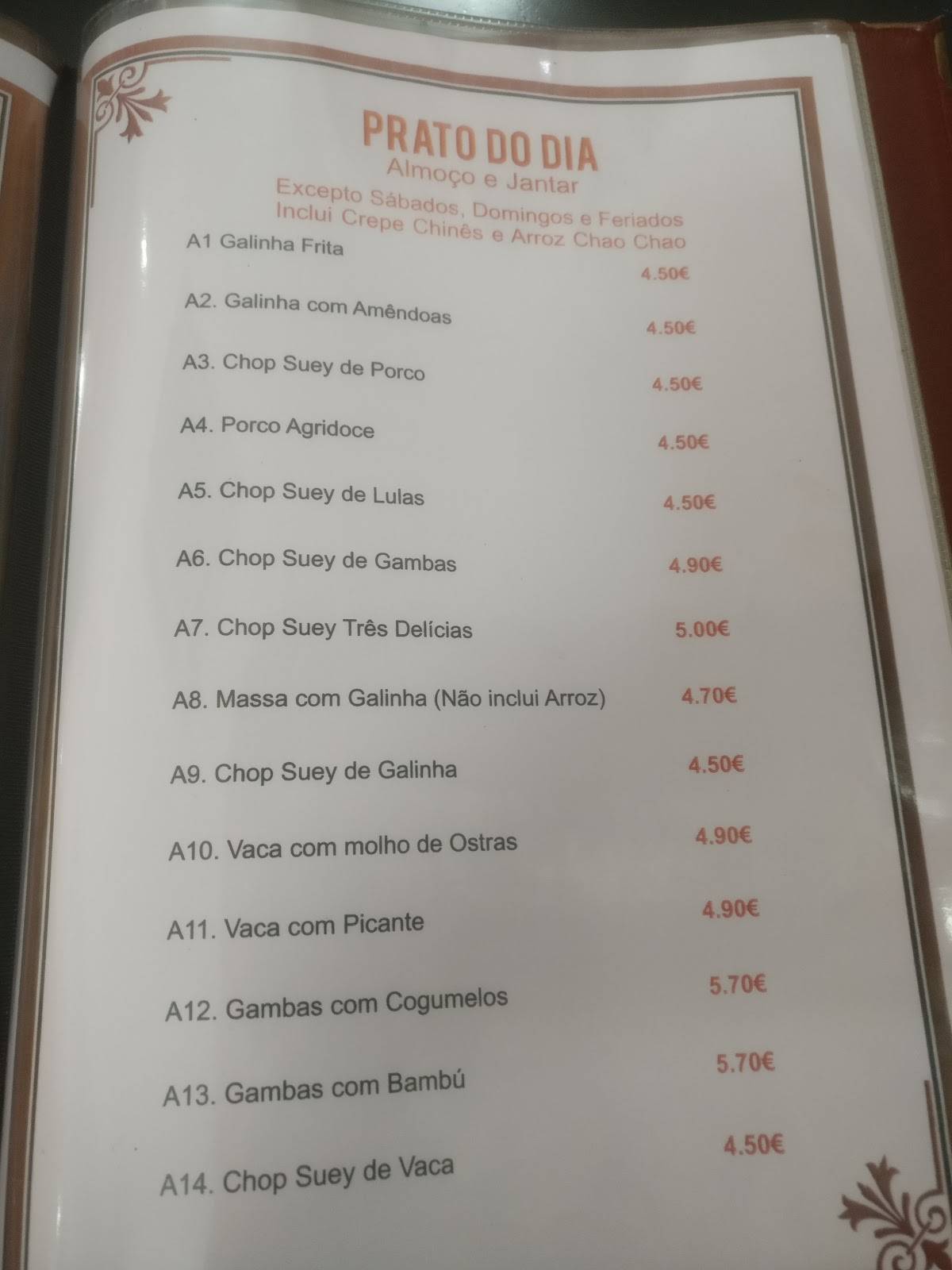 Carta de Restaurante Chinês, Aveiro