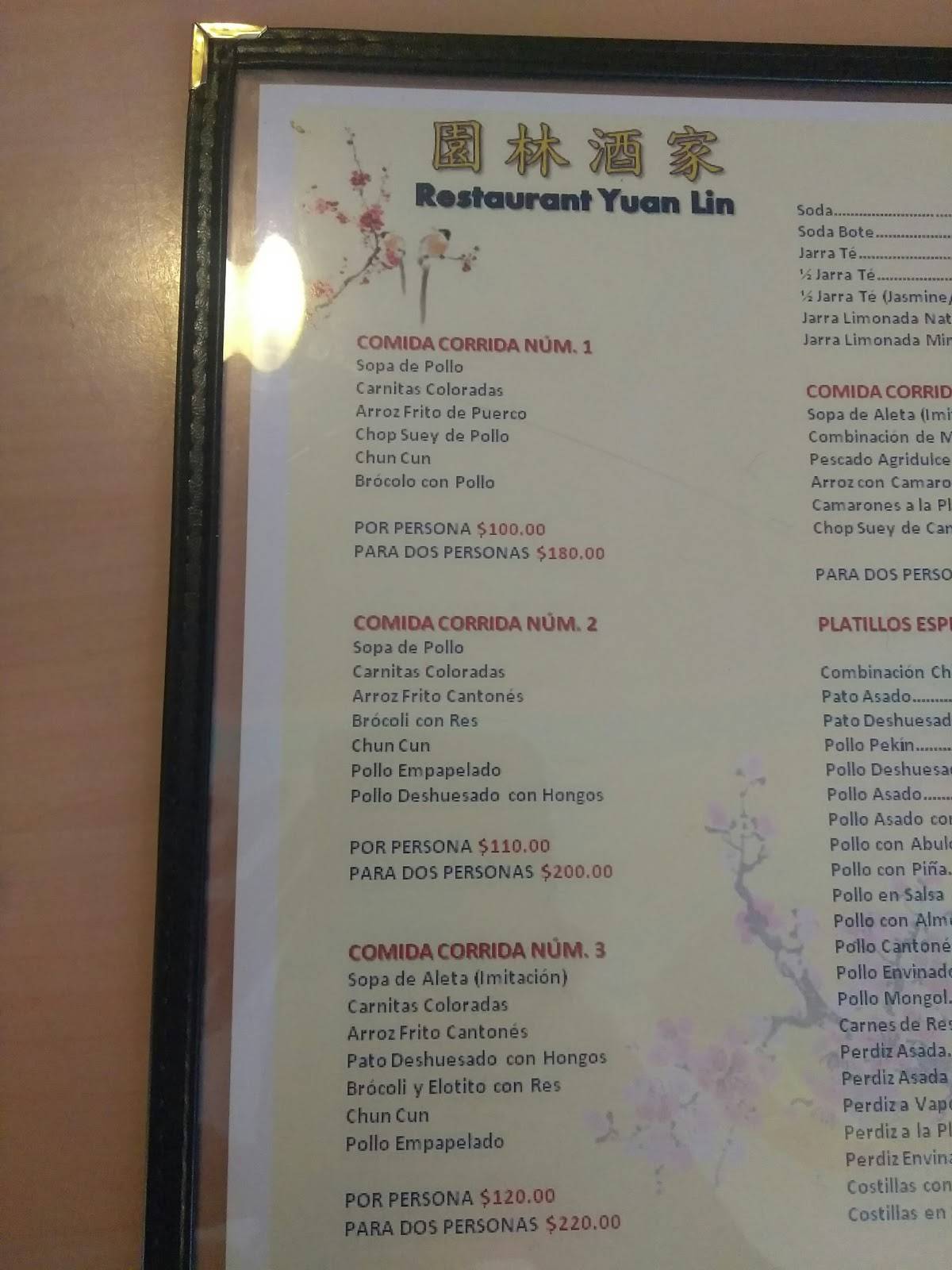 Carta de Restaurante Chino Yuan Lin, Mexicali
