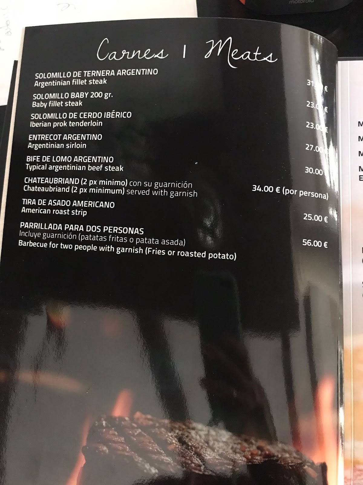Carta de Restaurante El Estribo Parrilla Argentina, San Luis de Sabinillas