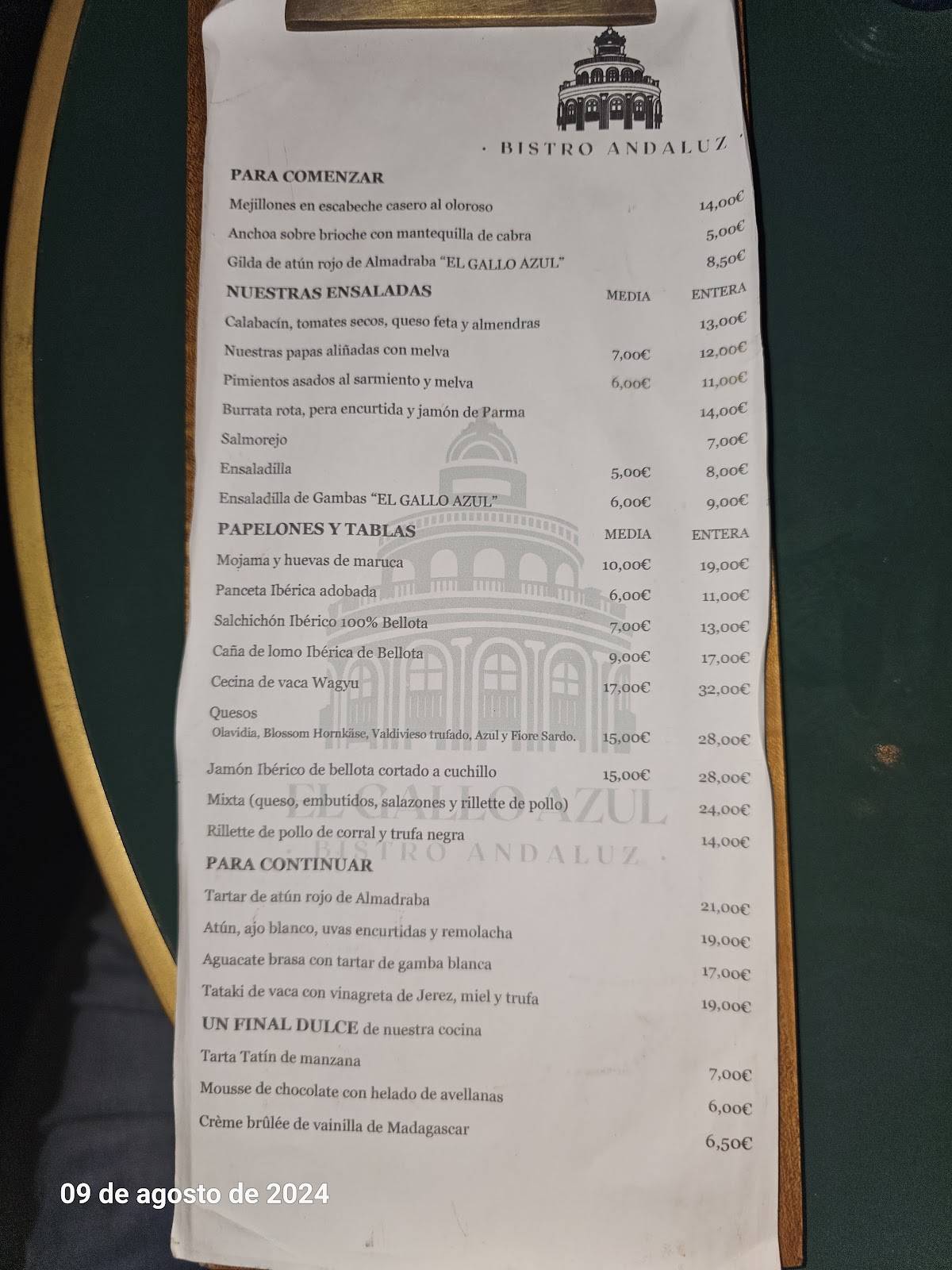 Carta de Restaurante El Gallo Azul, Jerez de la Frontera