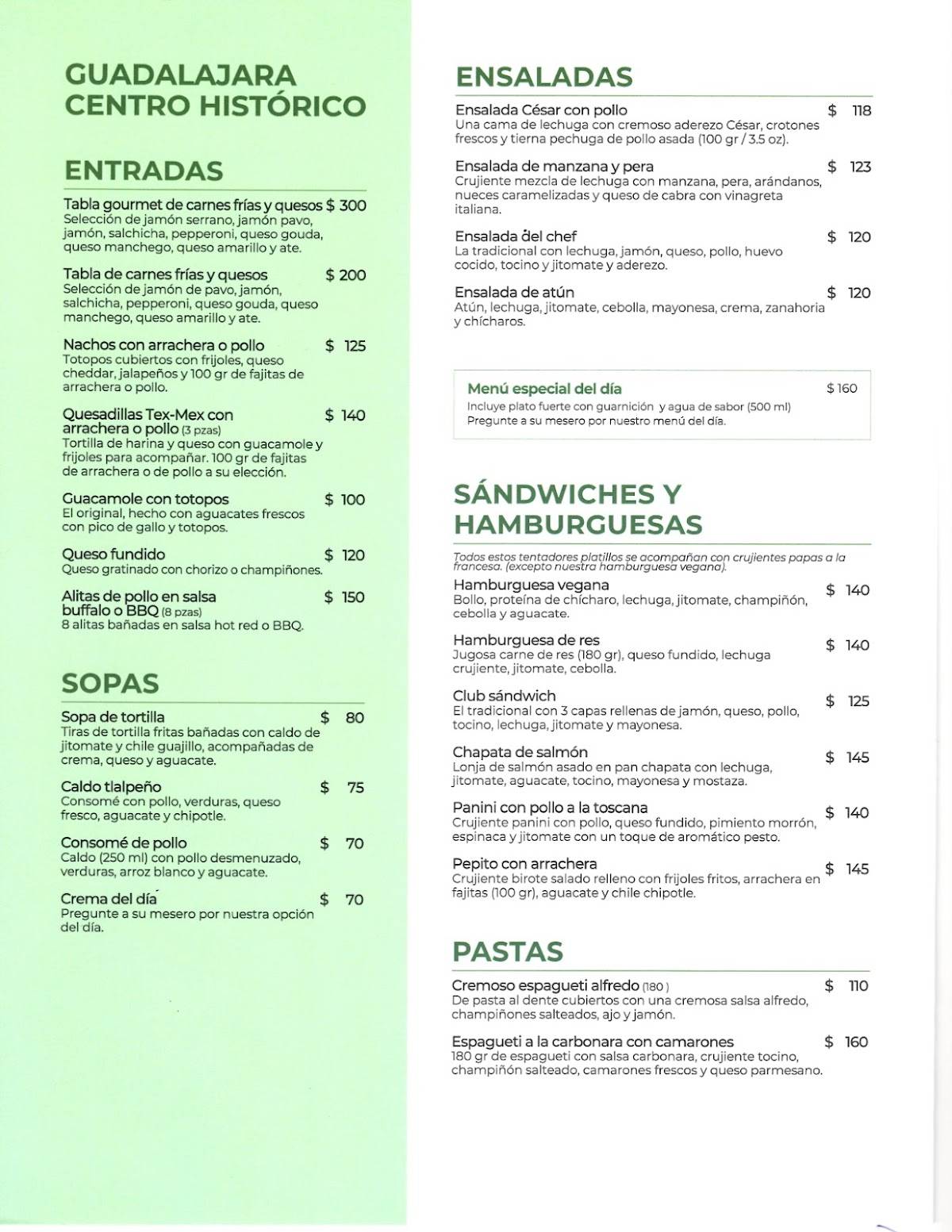 Carta de Restaurante El Tapatío, Guadalajara