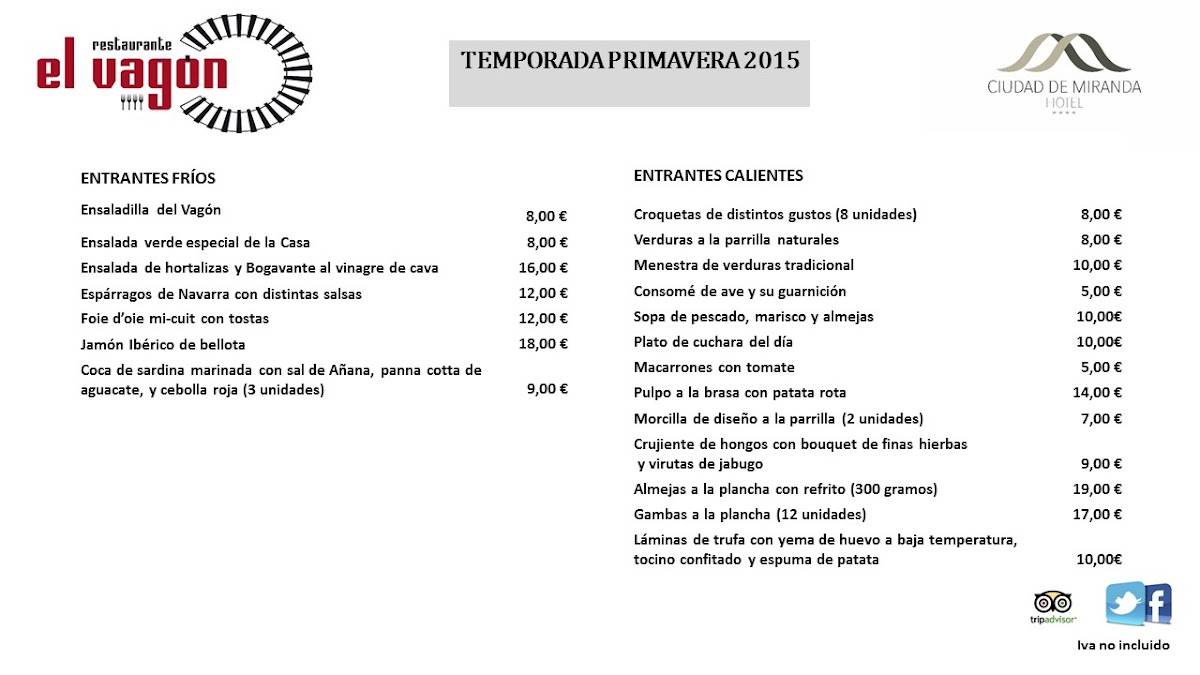 Carta de Restaurante " El Vagón ", Miranda de Ebro