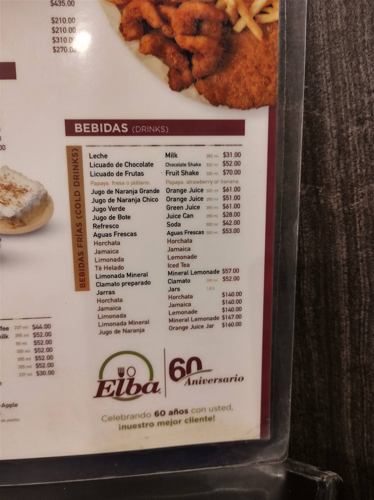 Carta de Restaurante Elba, Hermosillo, Av Cultura 81