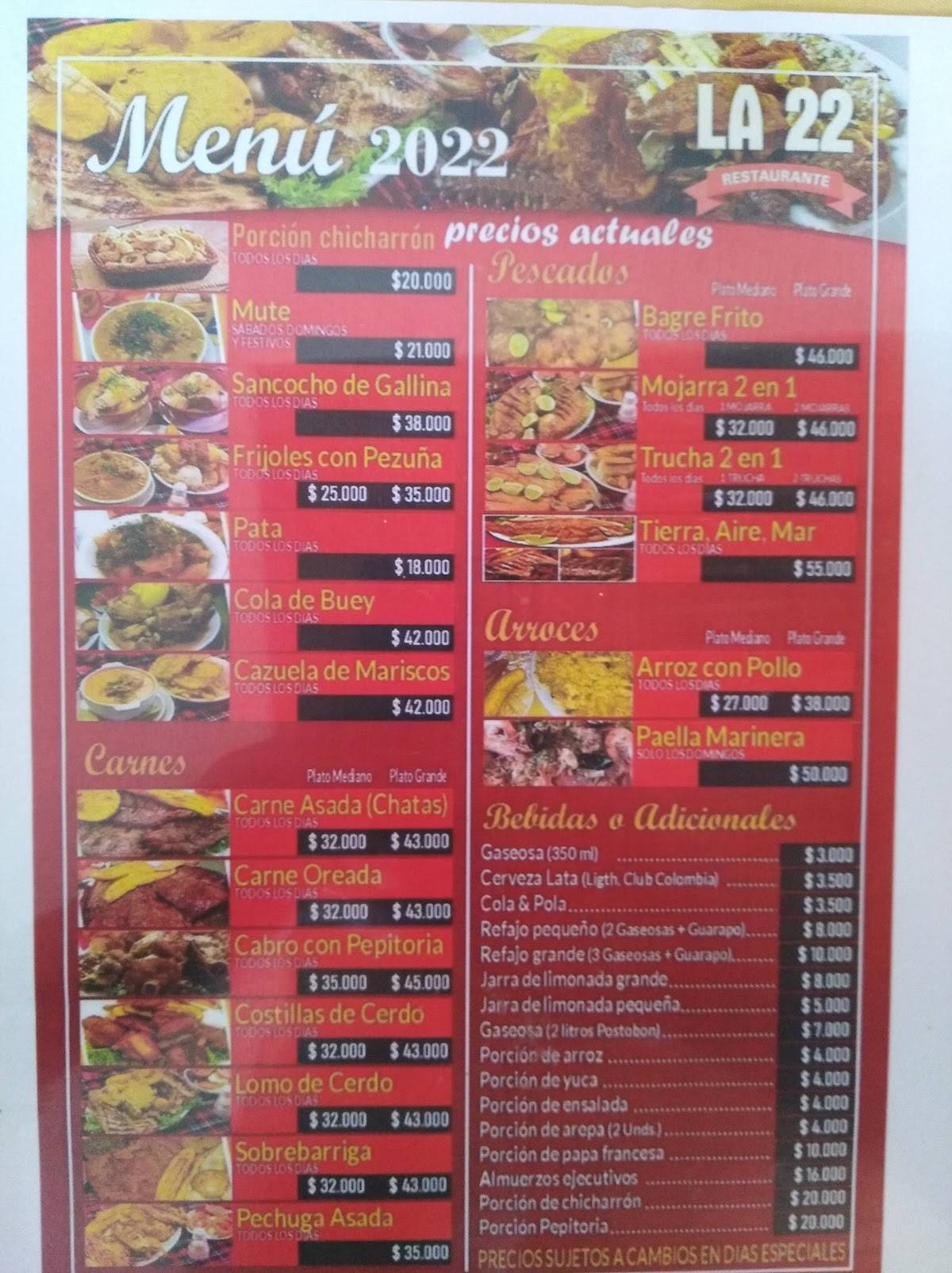 Carta de Restaurante La 22, Bucaramanga