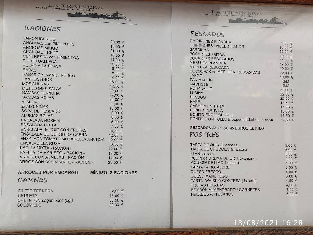 Carta de Restaurante La Trainera, Pedreña