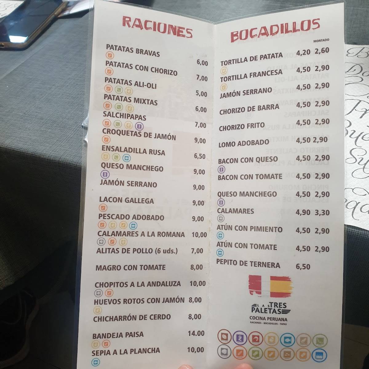 Carta de Restaurante Las Tres Paletas, Guadalajara