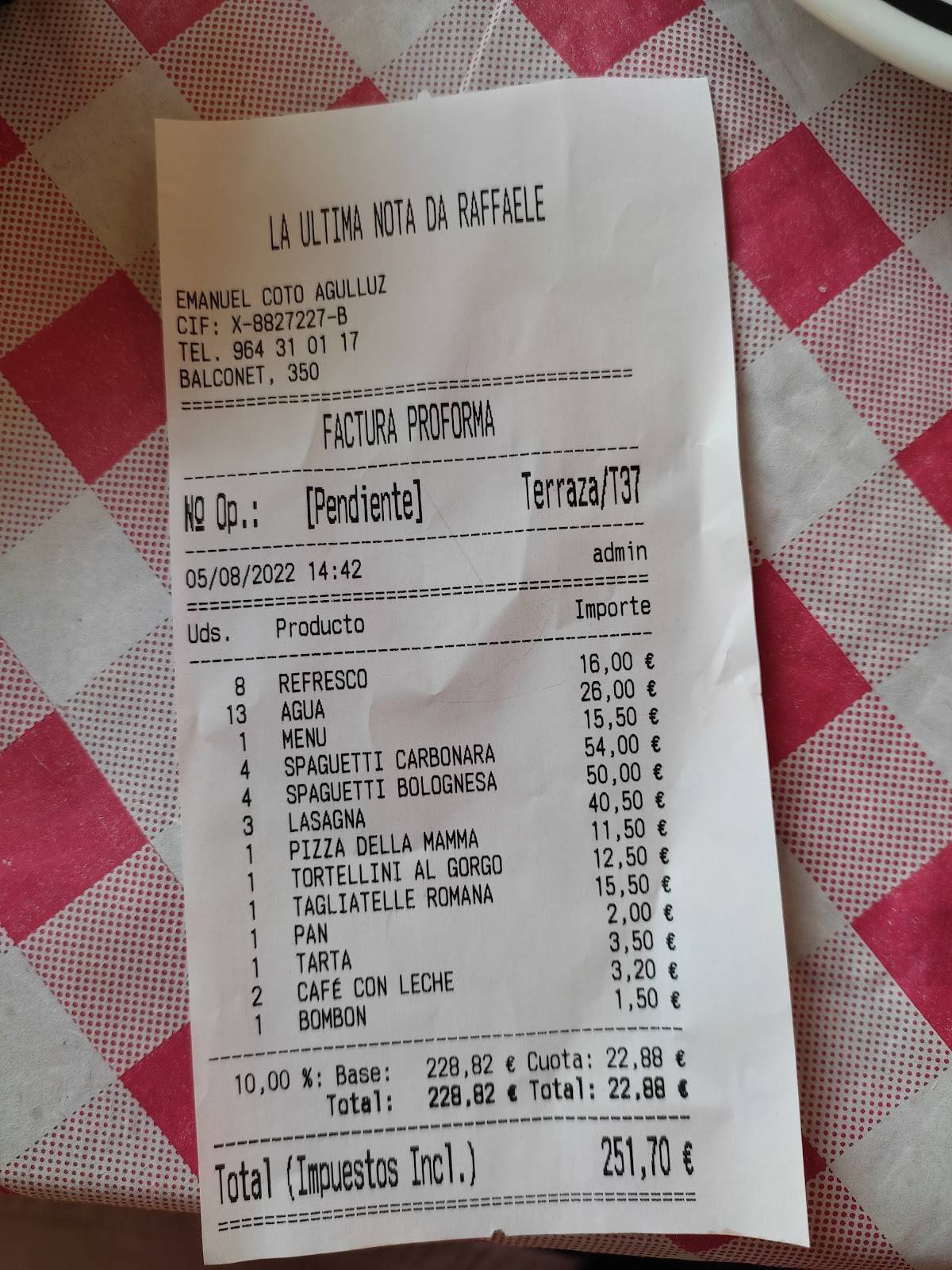 Carta de Restaurante Raffaele D.R Raffaele, Benicasim