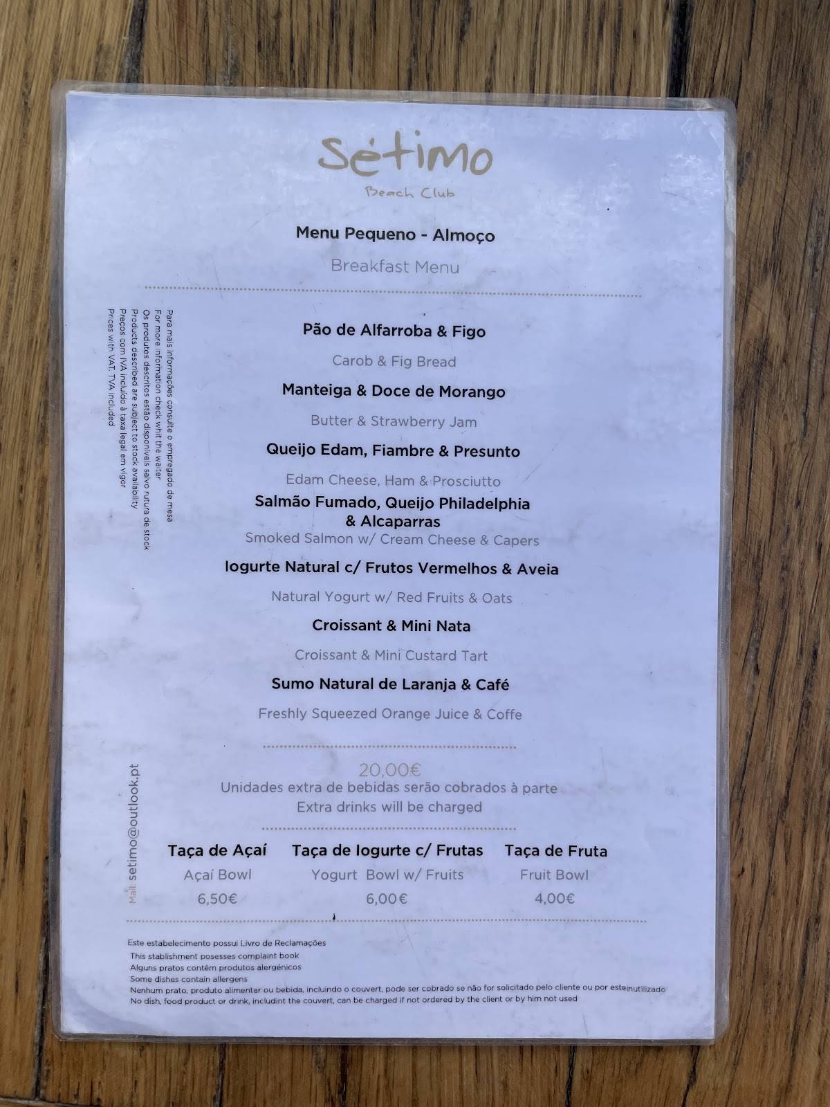 Menu em Restaurante Sétimo Beach Club, Gafanha da Nazaré