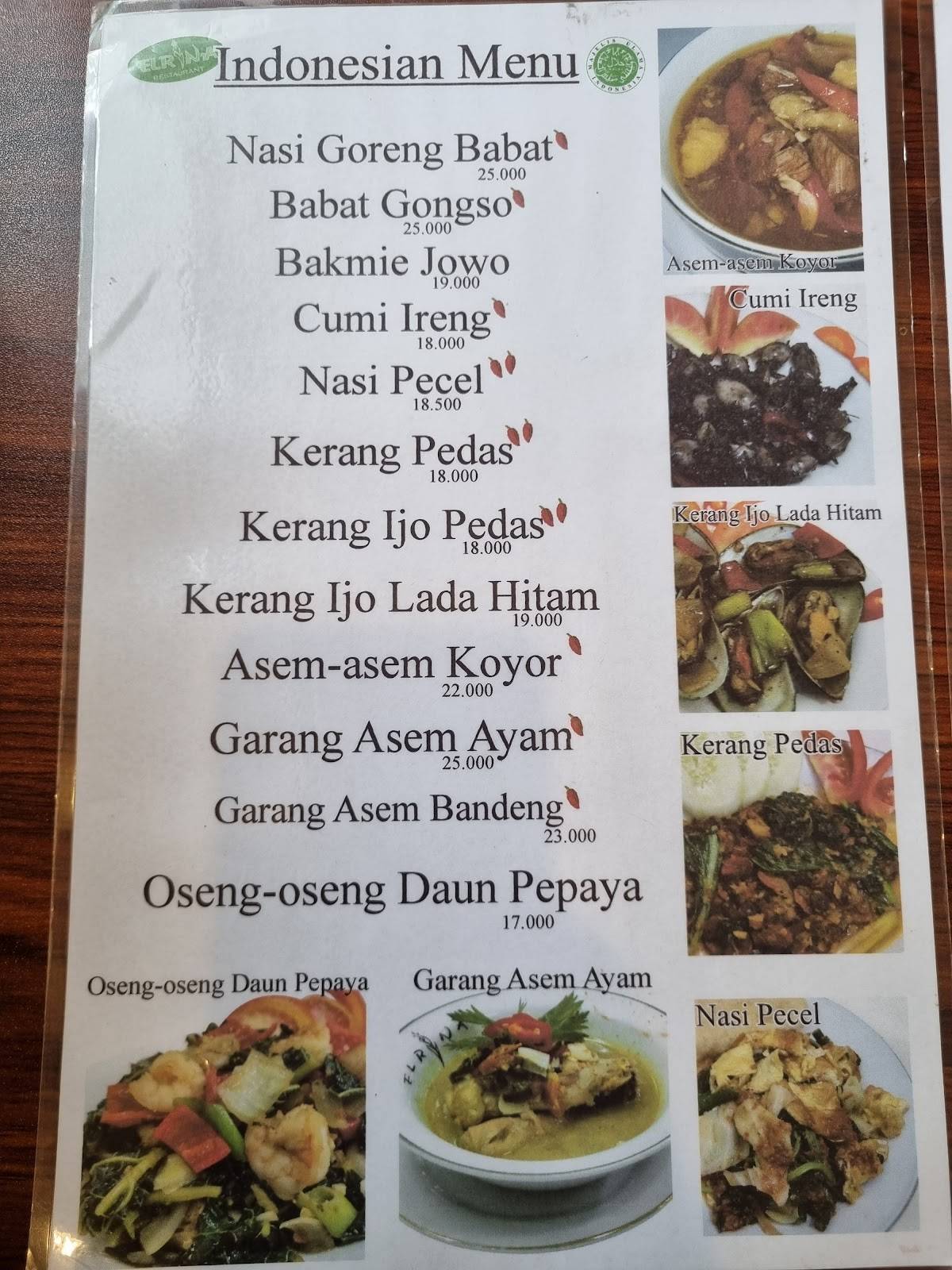 Menu at Restoran Elrina restaurant, Semarang