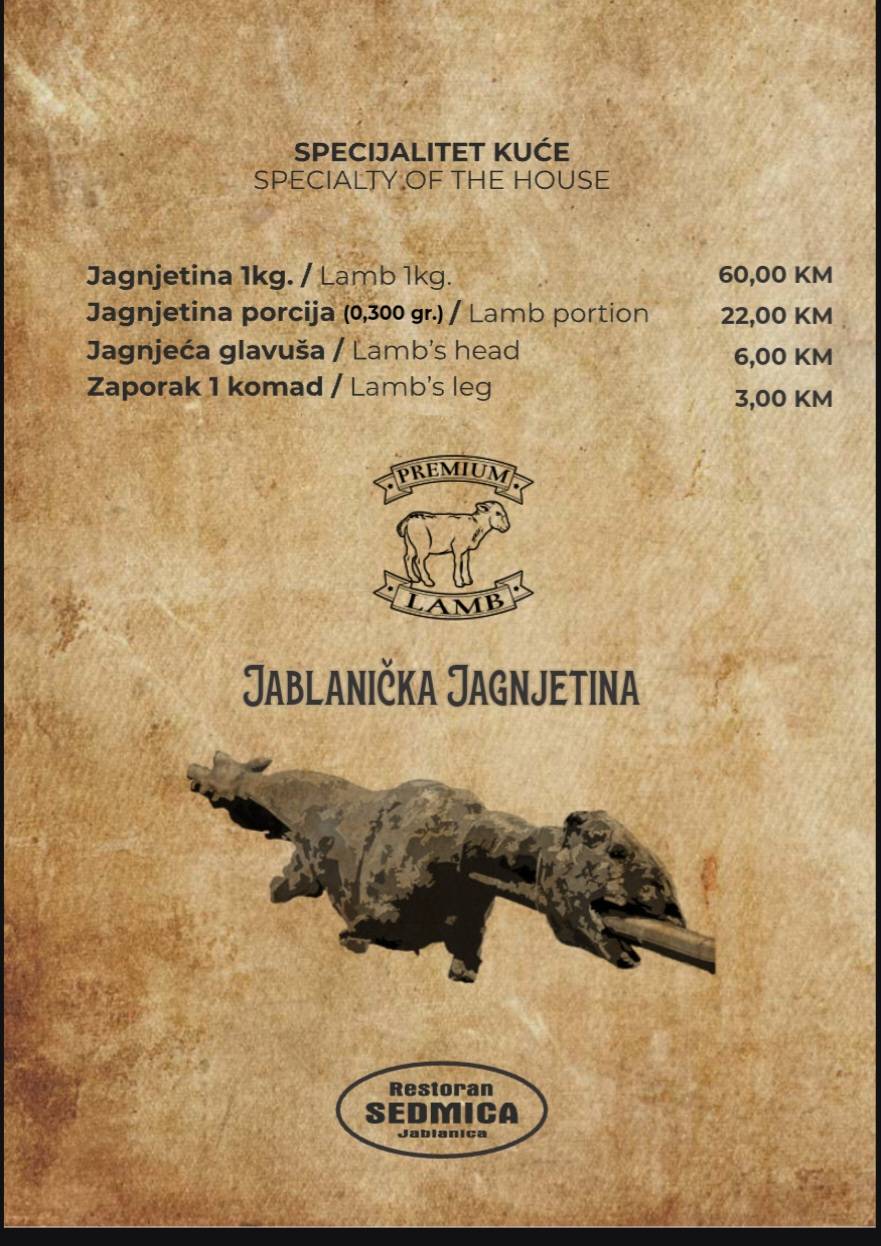 Menu at Restoran ” SEDMICA “ restaurant, Jablanica, Gornje Paprasko BB