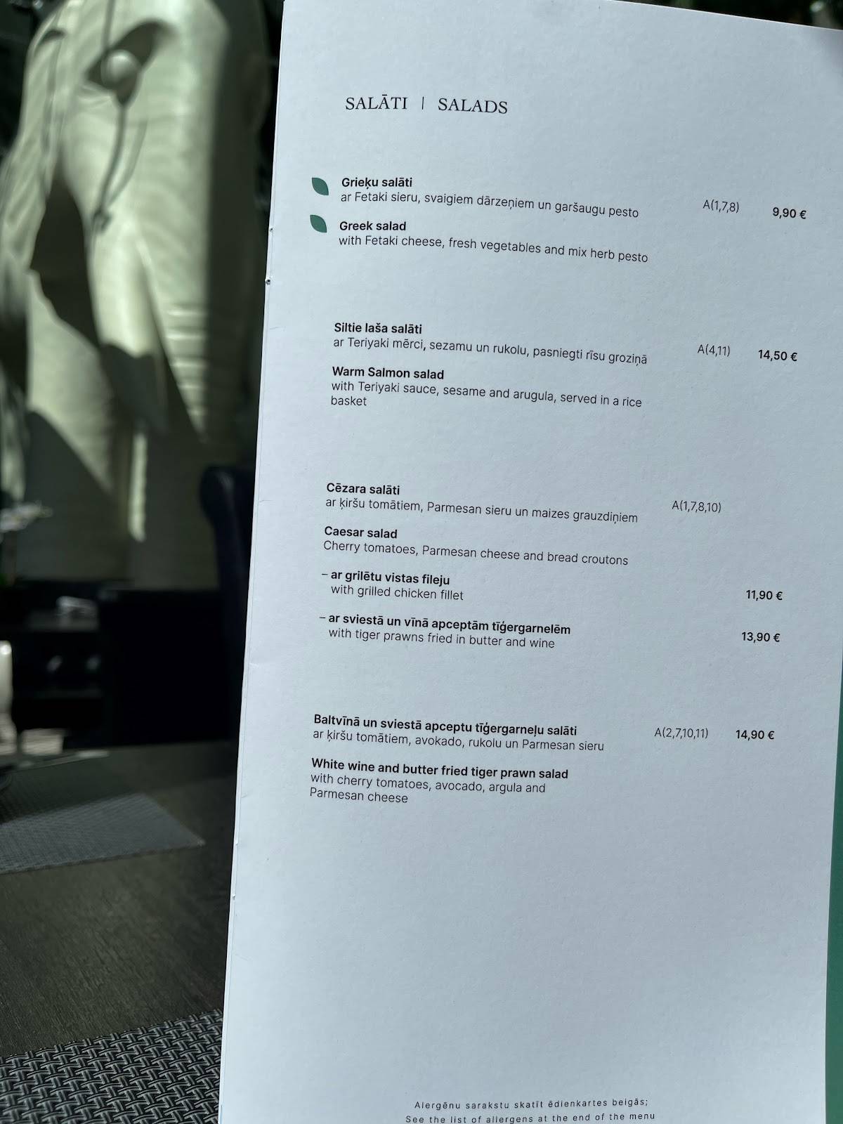 Menu at Restorāns Elefant restaurant, Riga