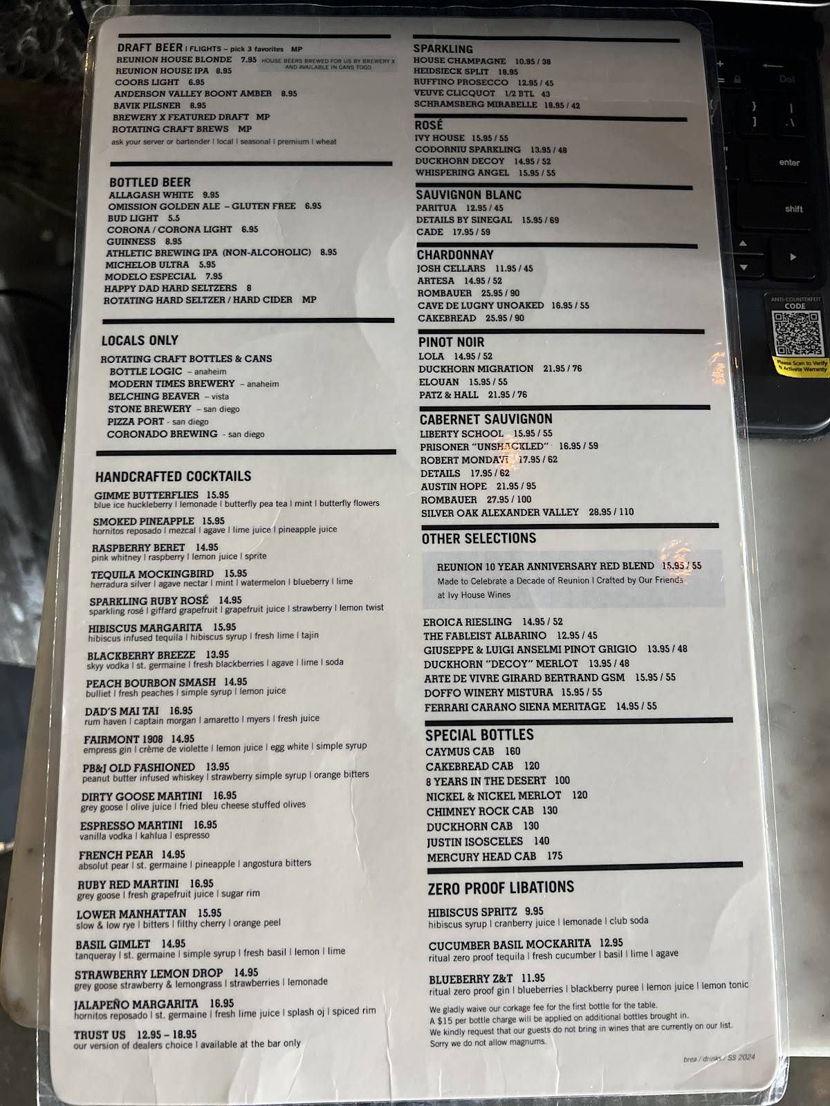 Menu at Reunion Kitchen + Drink Brea restaurant, Brea
