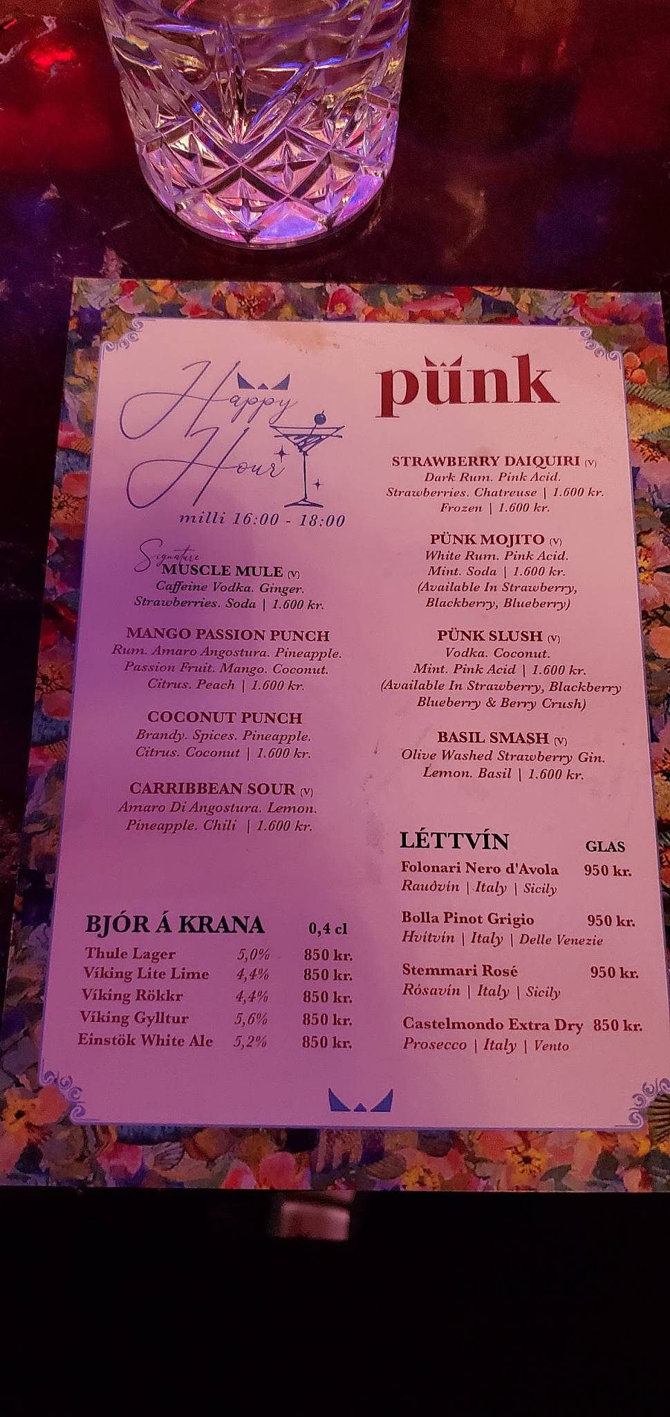 Menu at Punk Restaurant, Reykjavík