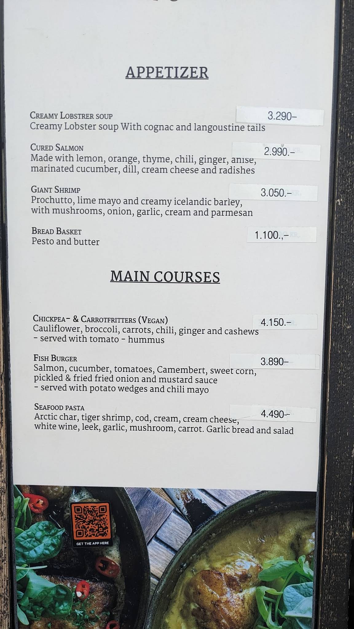 Menu at Messinn restaurant, Reykjavík, Lækjargata 6