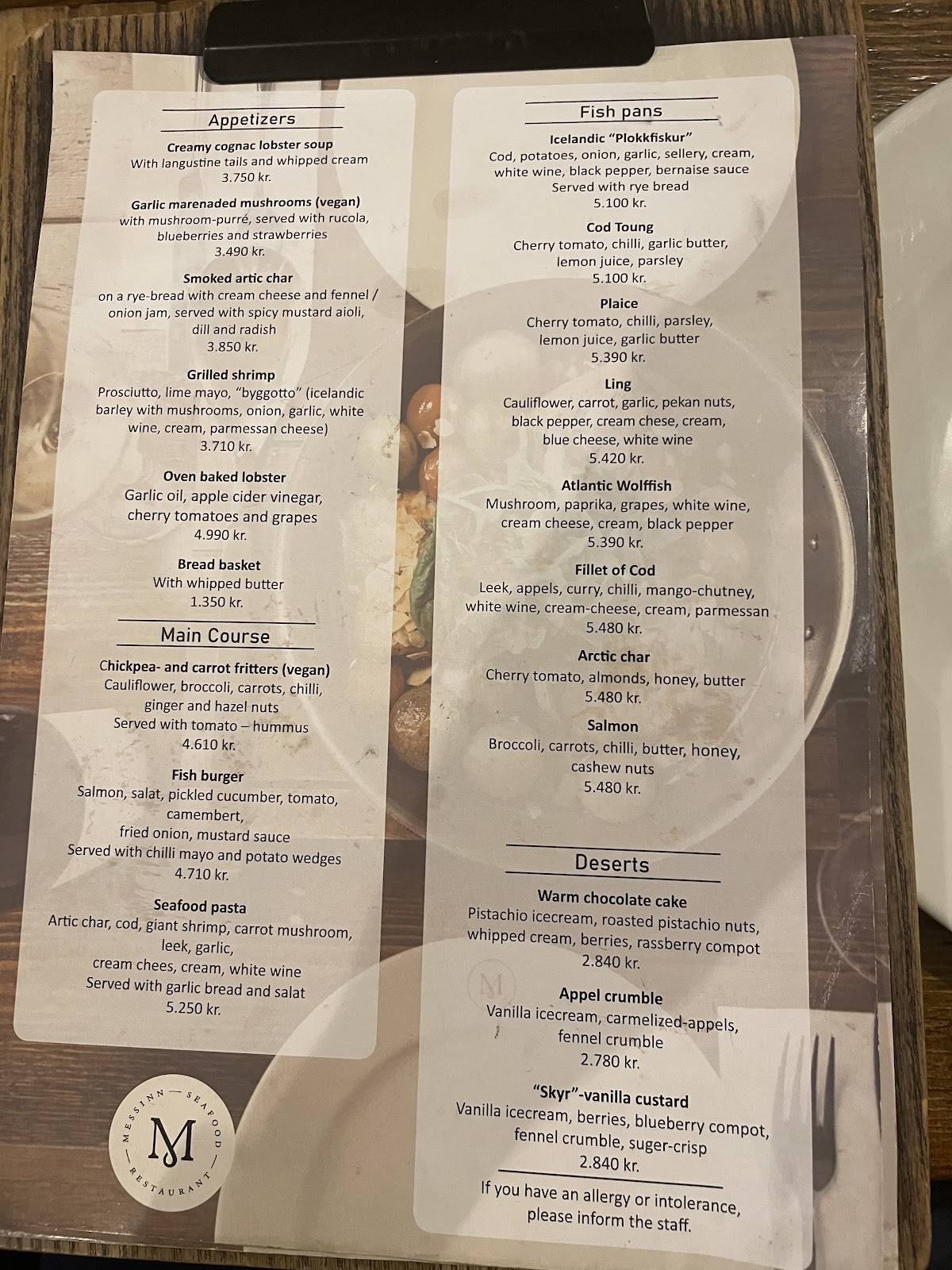 Menu at Messinn restaurant, Reykjavík, Lækjargata 6