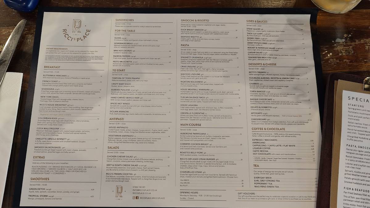 Menu at Ricci’s Place restaurant, Halifax