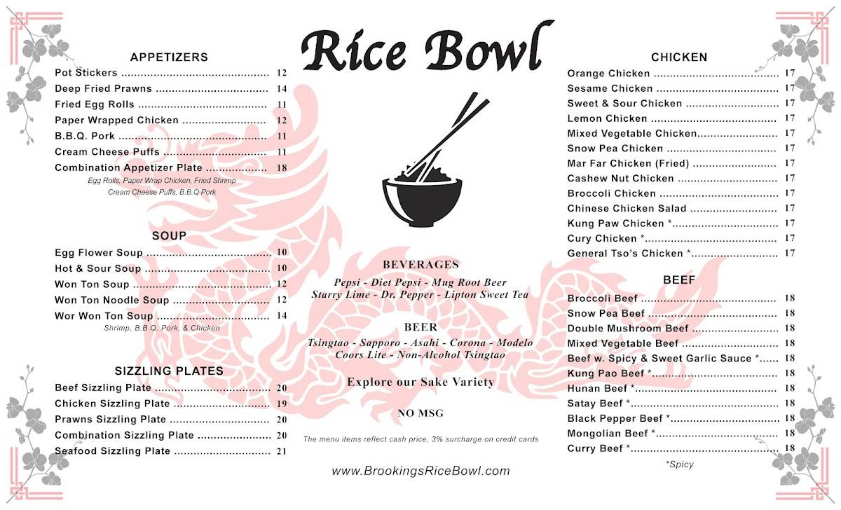 Menu at Brookings Rice Bowl restaurant, Brookings