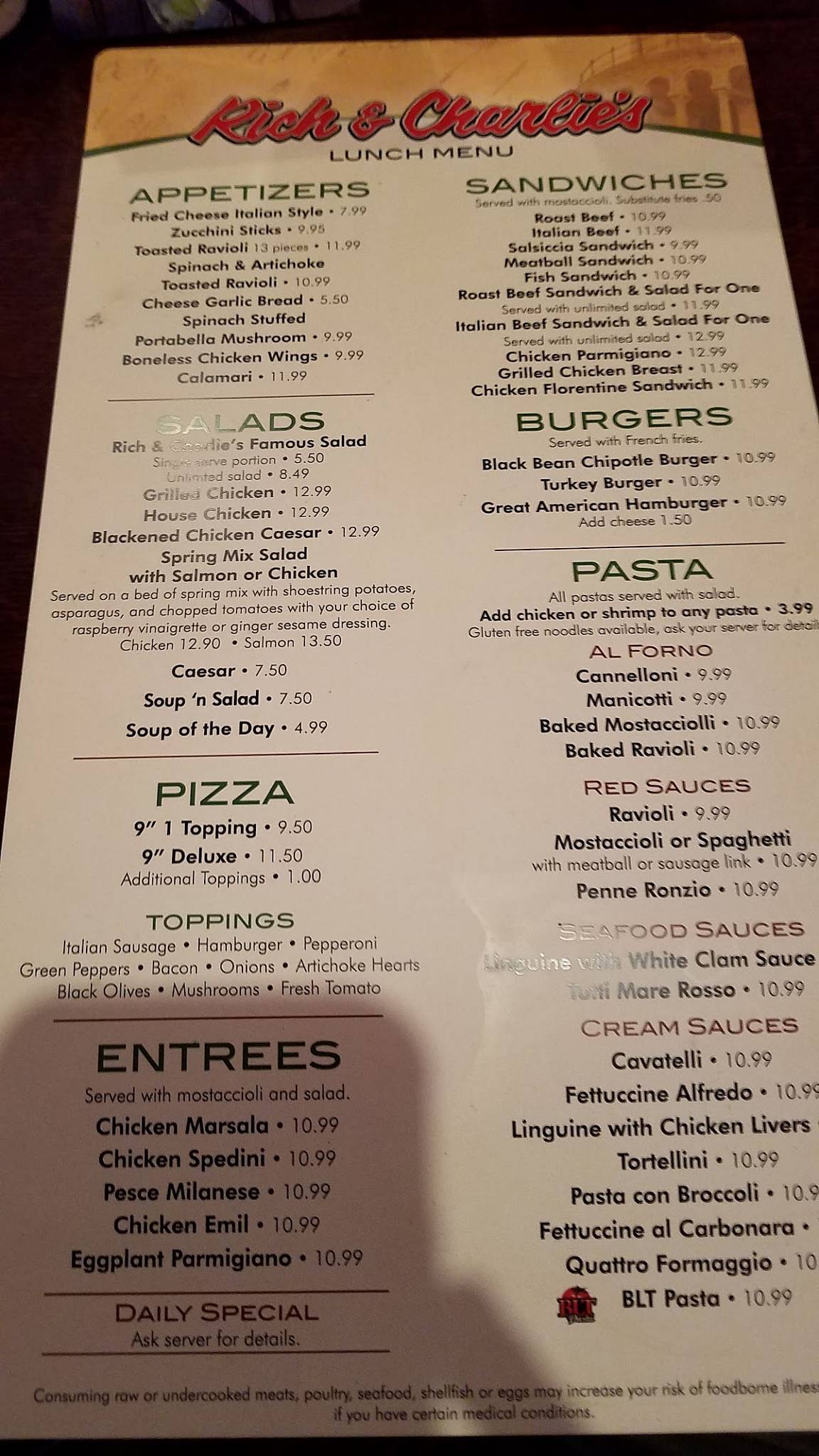 Menu at Rich & Charlie's South County pizzeria, Mehlville, Lemay Ferry Rd