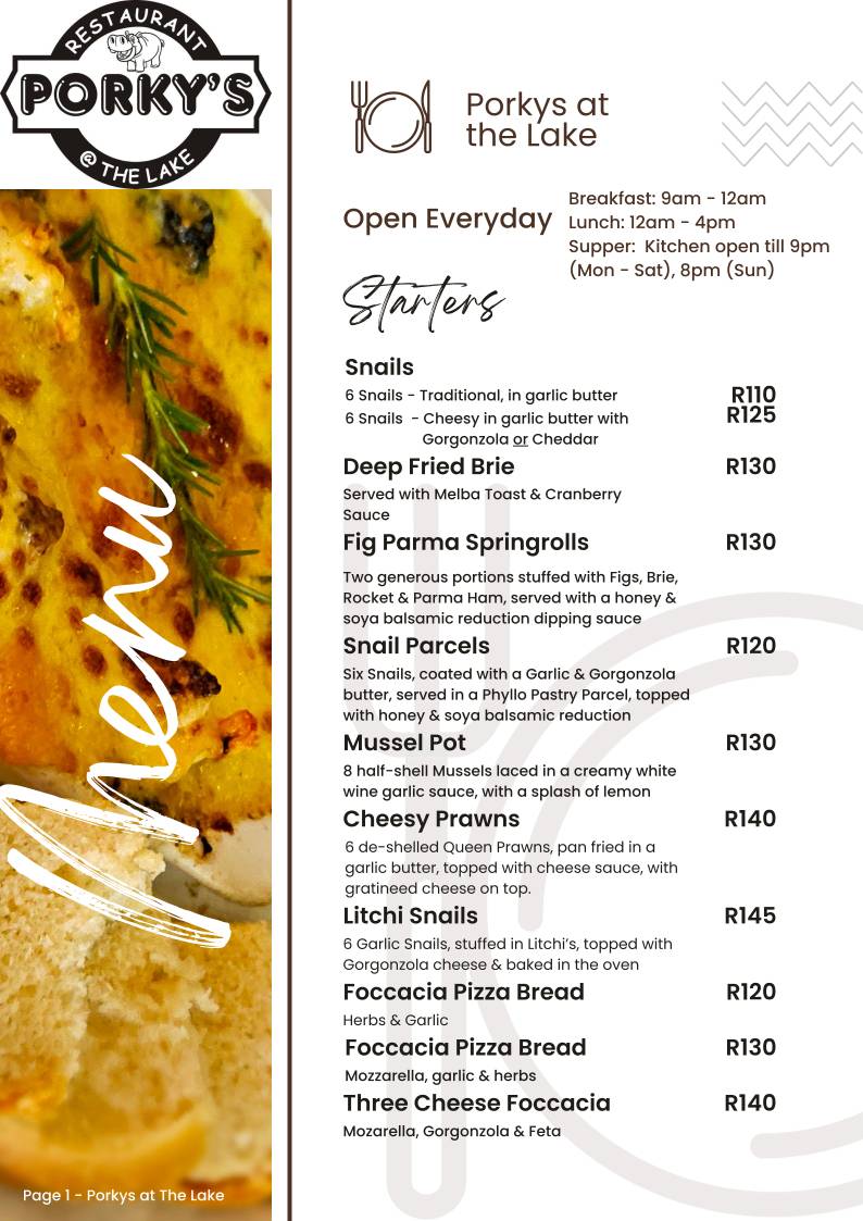 Menu at Porkys at The Lake restaurant, Richards Bay
