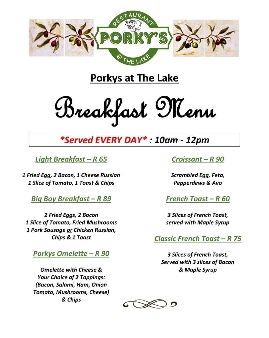 Menu at Porkys at The Lake restaurant, Richards Bay