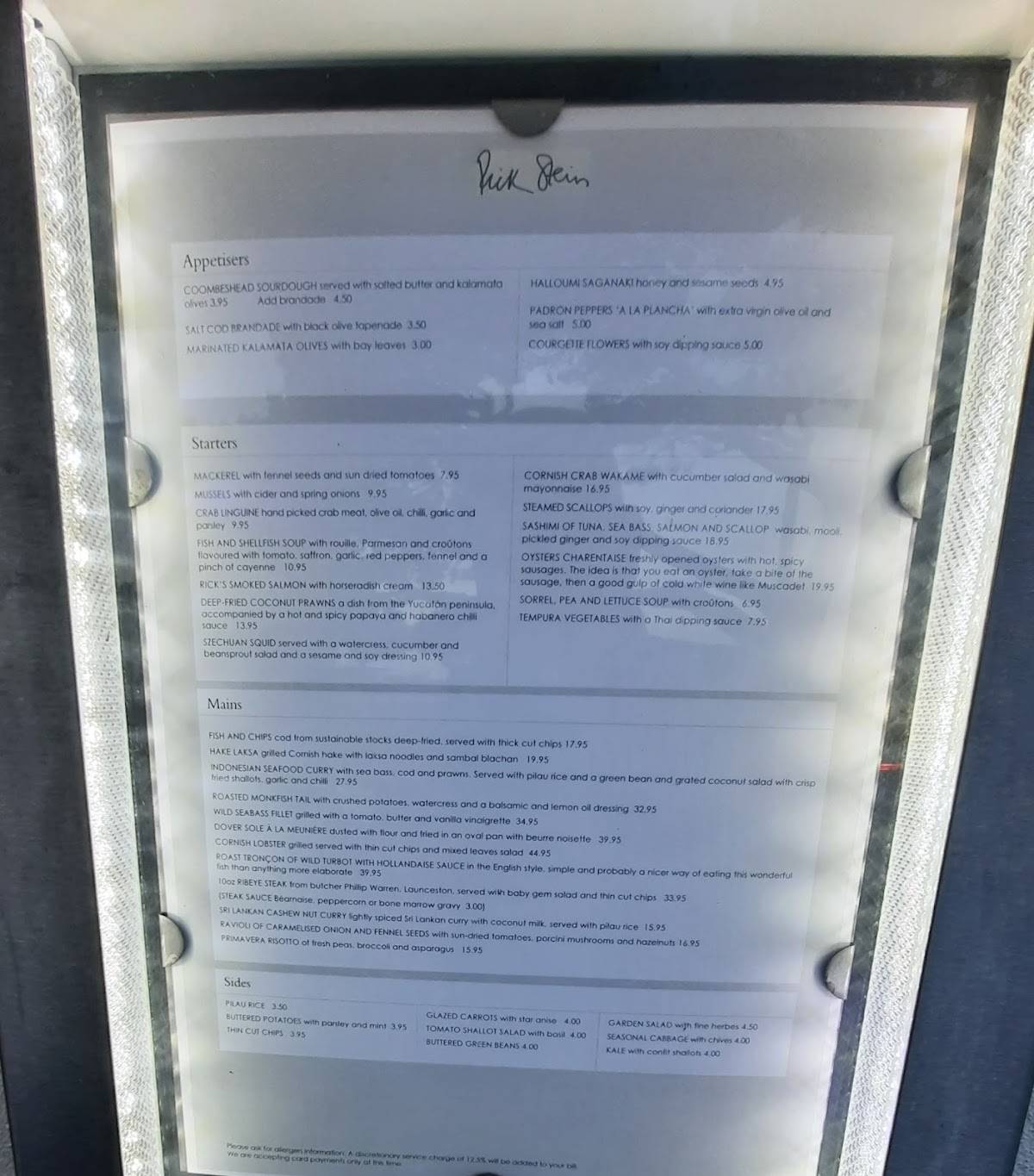Menu at Rick Stein, Sandbanks restaurant, Poole