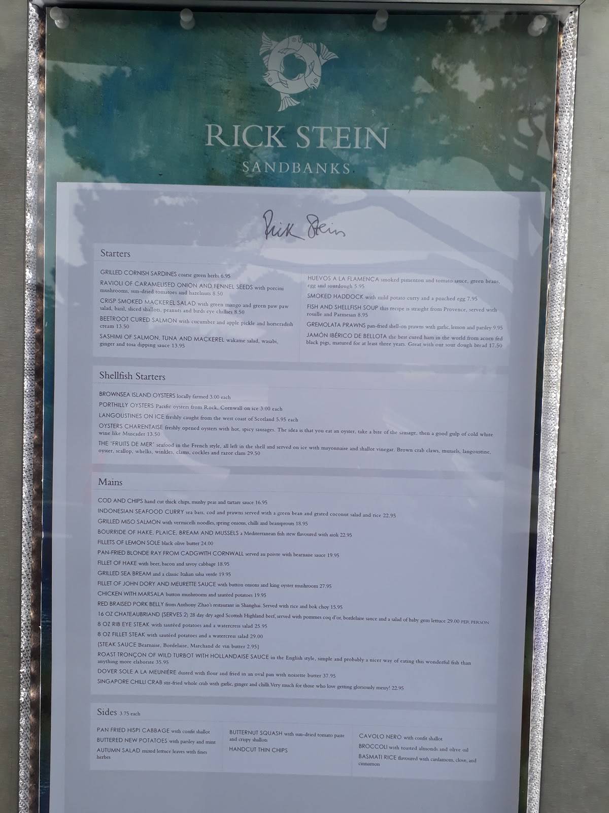 Menu at Rick Stein, Sandbanks restaurant, Poole