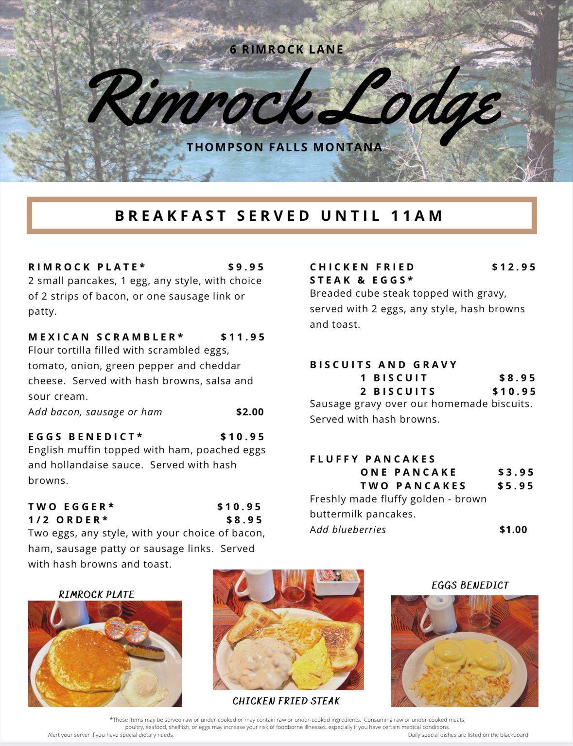 Menu at Rimrock Lodge restaurant, Thompson Falls