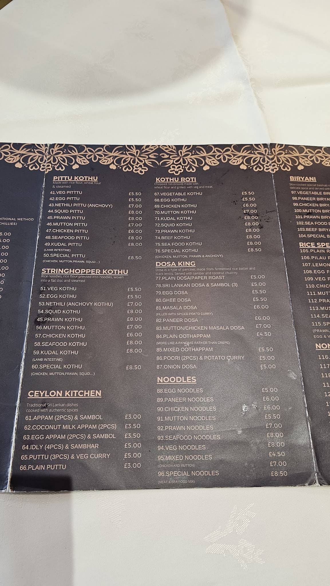 Menu at Jaffna Spice restaurant, Sutton