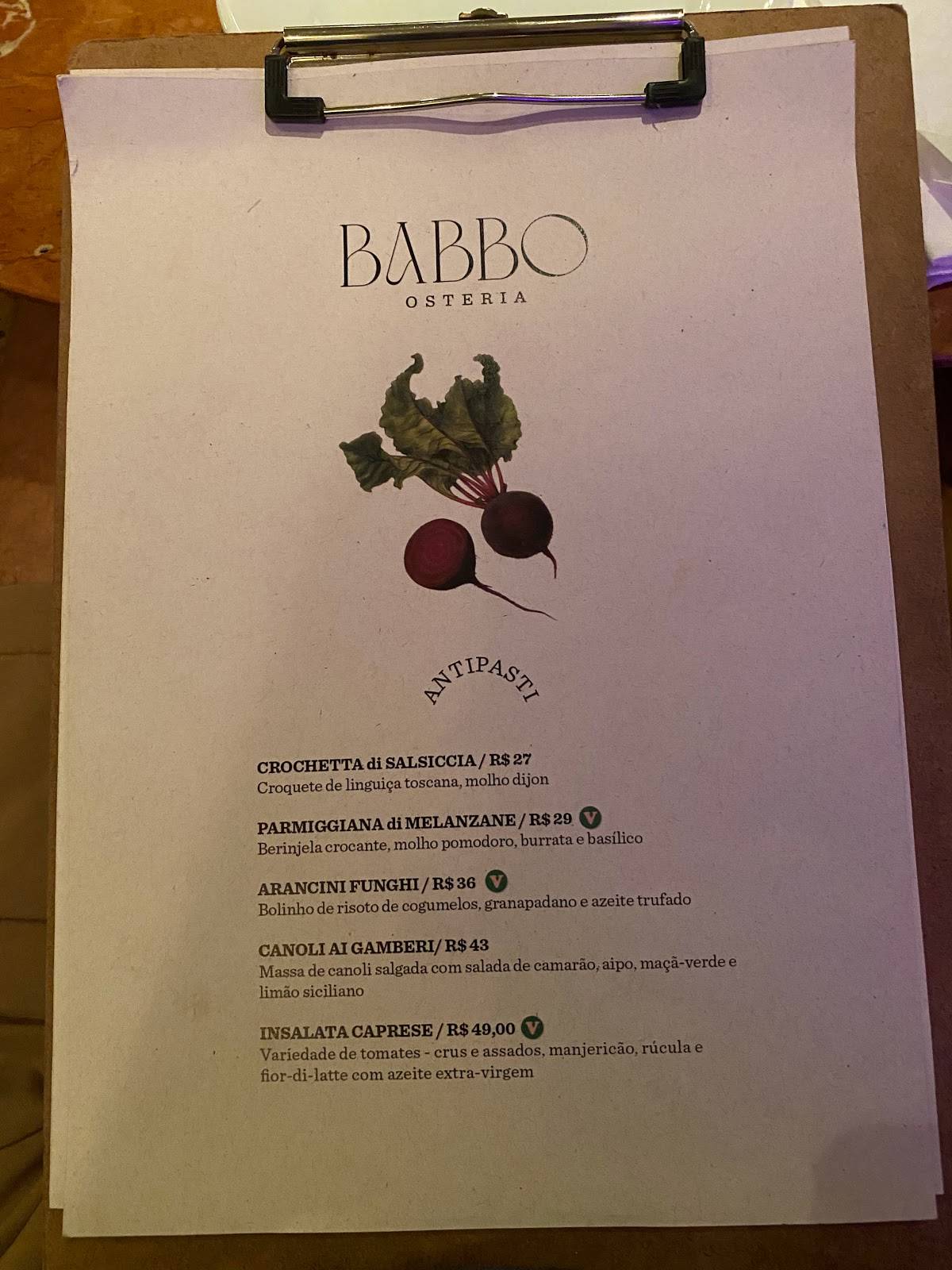 Menu em Babbo Osteria restaurante, Rio de Janeiro